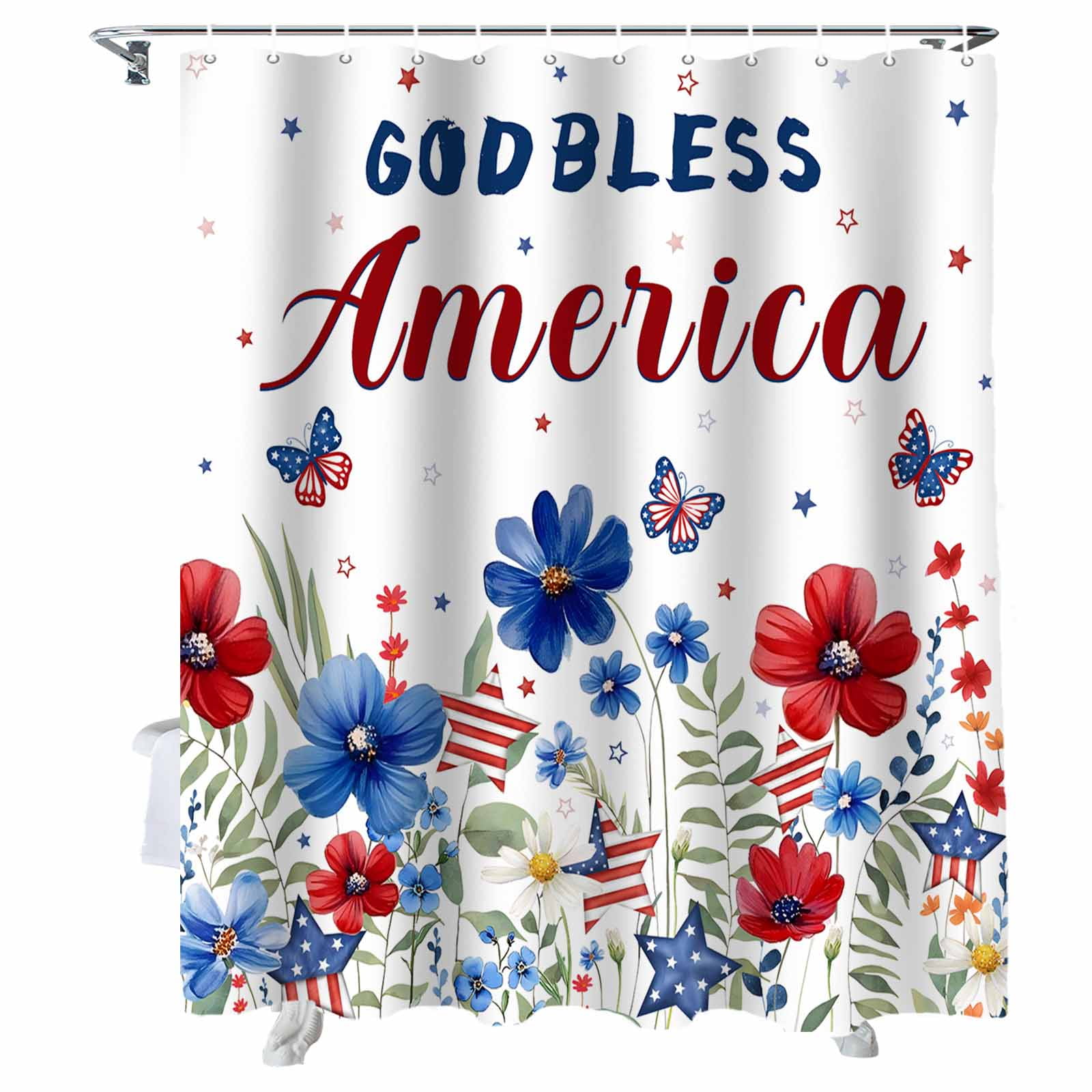 Patriotic 4th of July Shower Curtain, Red Blue Floral Memorial Day ...