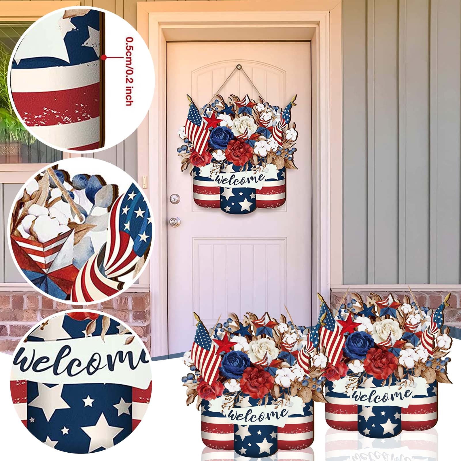 Patriotic 4th of July Wreath for Front Door, Wooden Independence Day ...