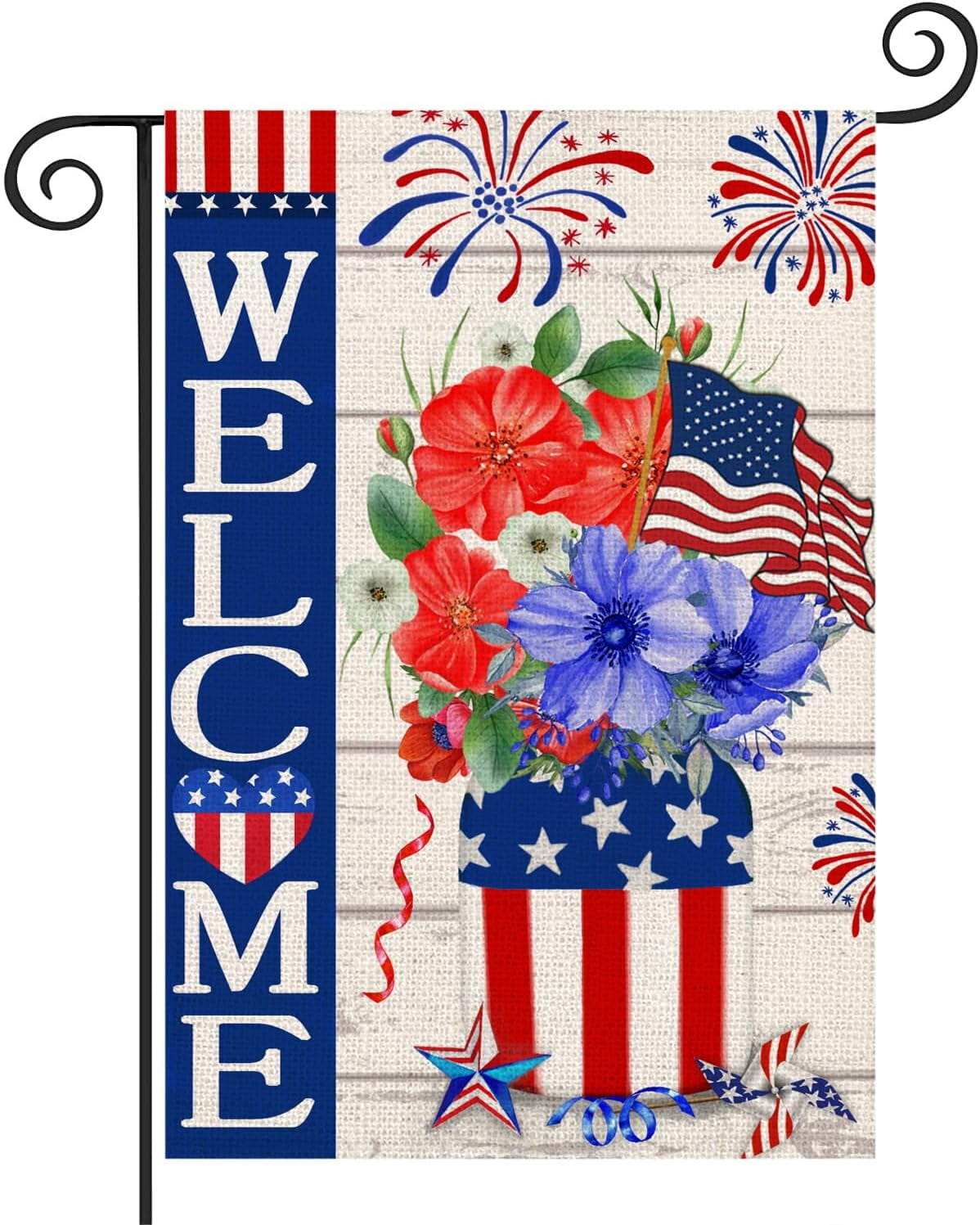 Patriotic American Blue Red Floral Welcome Garden Flag 30x45 cm Double ...