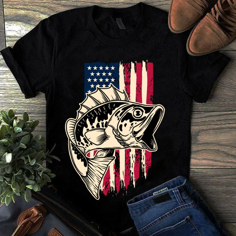 Patriotic American Flag Fishing For A Bass Angler Hobbyist Unisex T-Shirt, up to 5XL - Walmart.com
