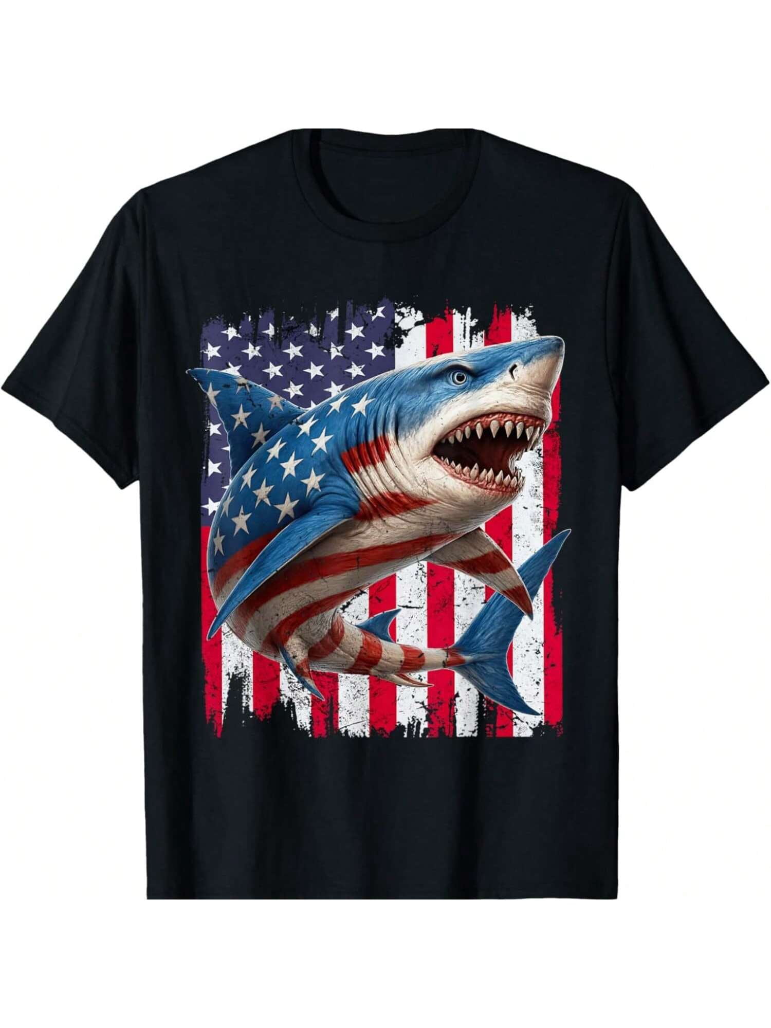 Patriotic American Flag Shark Graphic T-Shirt - Vintage USA Stars and ...