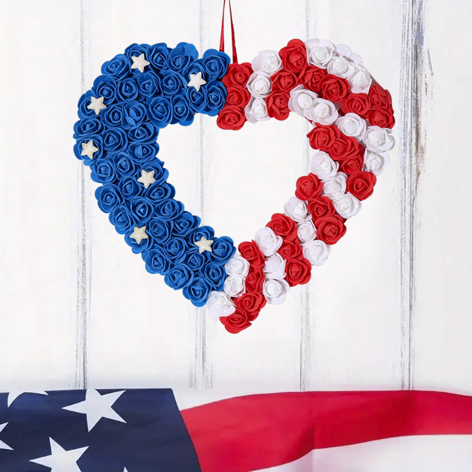 Patriotic American Flag Themed Wreath with Red, White, Blue Roses and ...