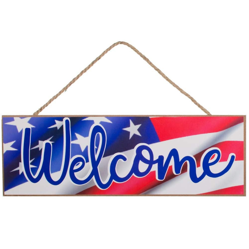 Patriotic American Flag Welcome Sign - 15" x 5", Front Door Decor ...