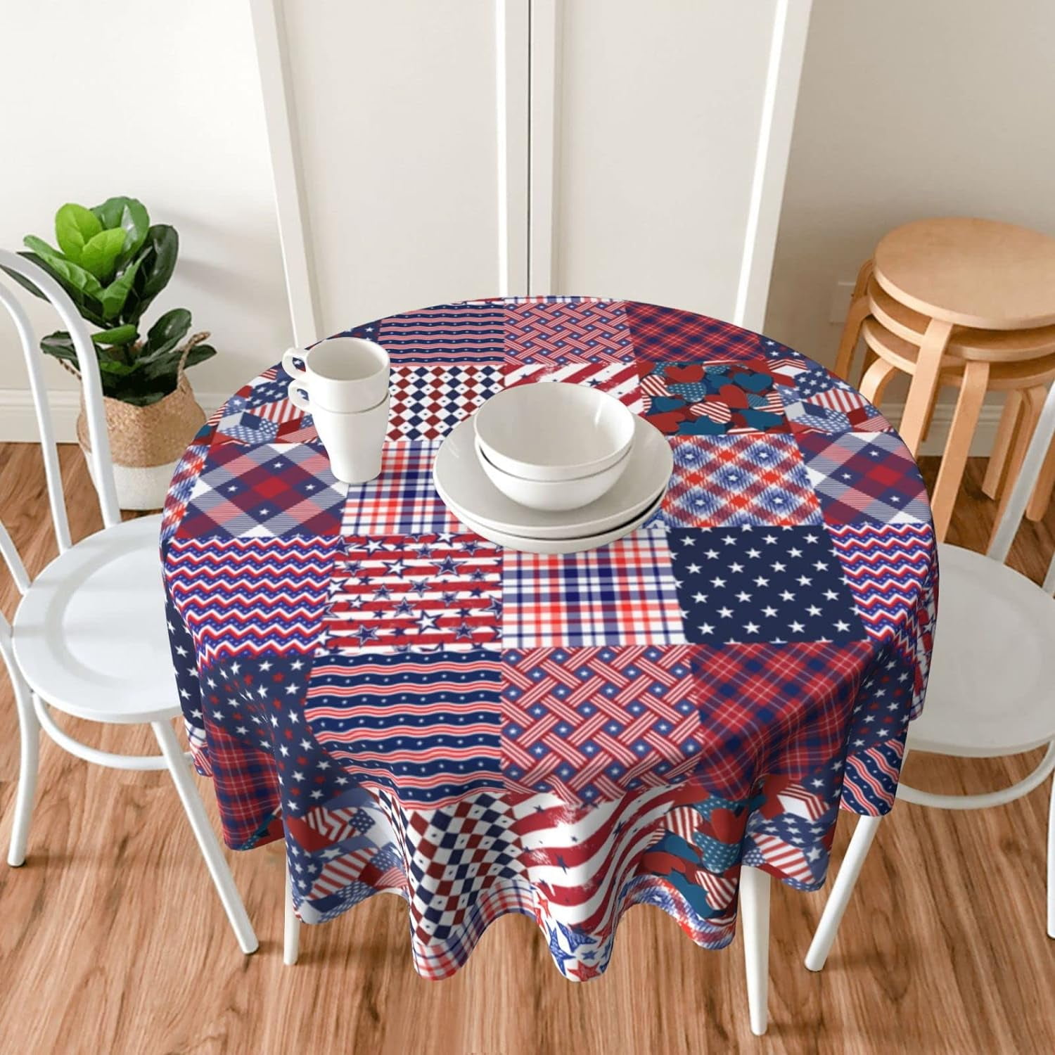Patriotic American Plaid Round Tablecloth 60 Inch, Decorative Holiday ...