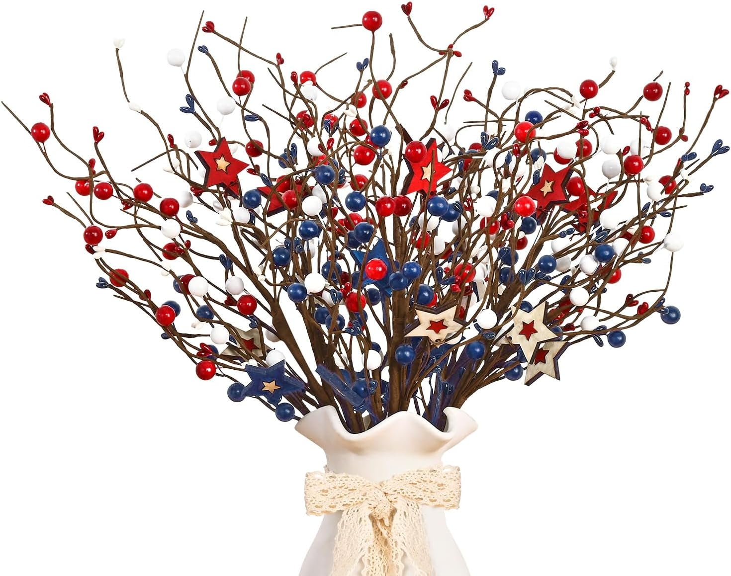 Patriotic Artificial Berry Stems, 8" Red White Blue Star Floral Picks ...