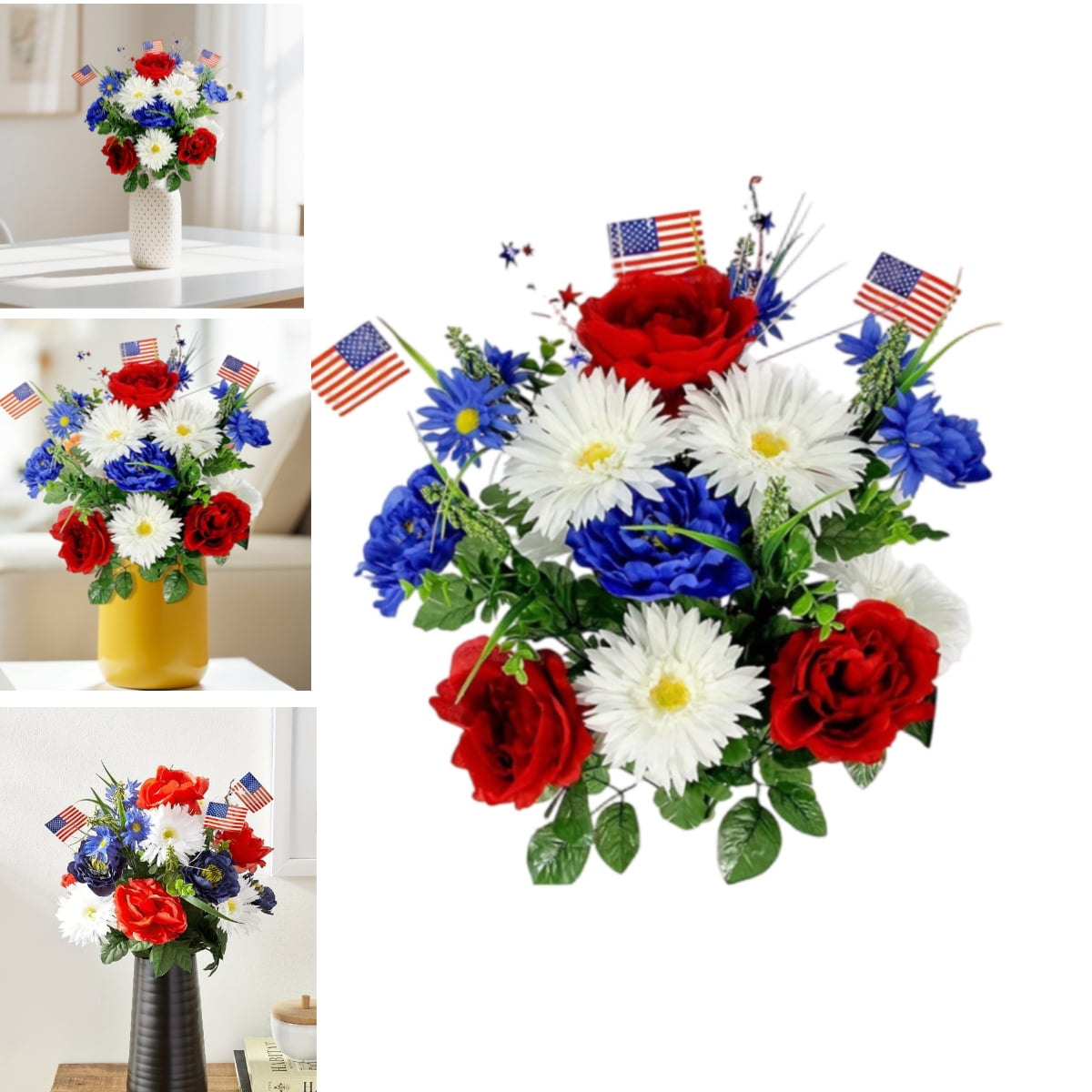 Patriotic Artificial Flowers Memorial Bouquet Fake Red White and Blue ...