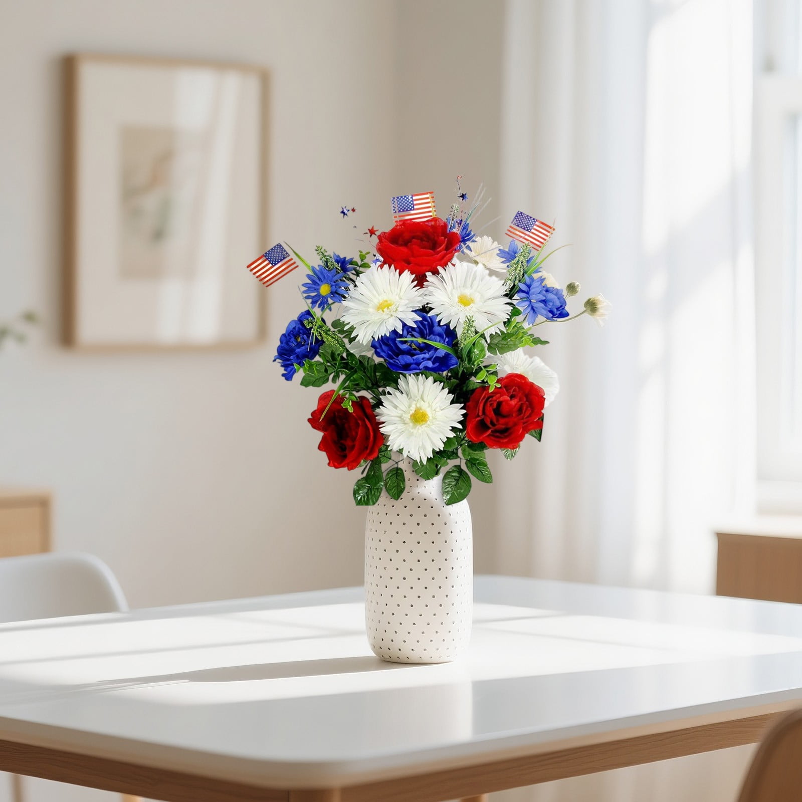 Patriotic Artificial Flowers Memorial Bouquet Fake Red White and Blue ...