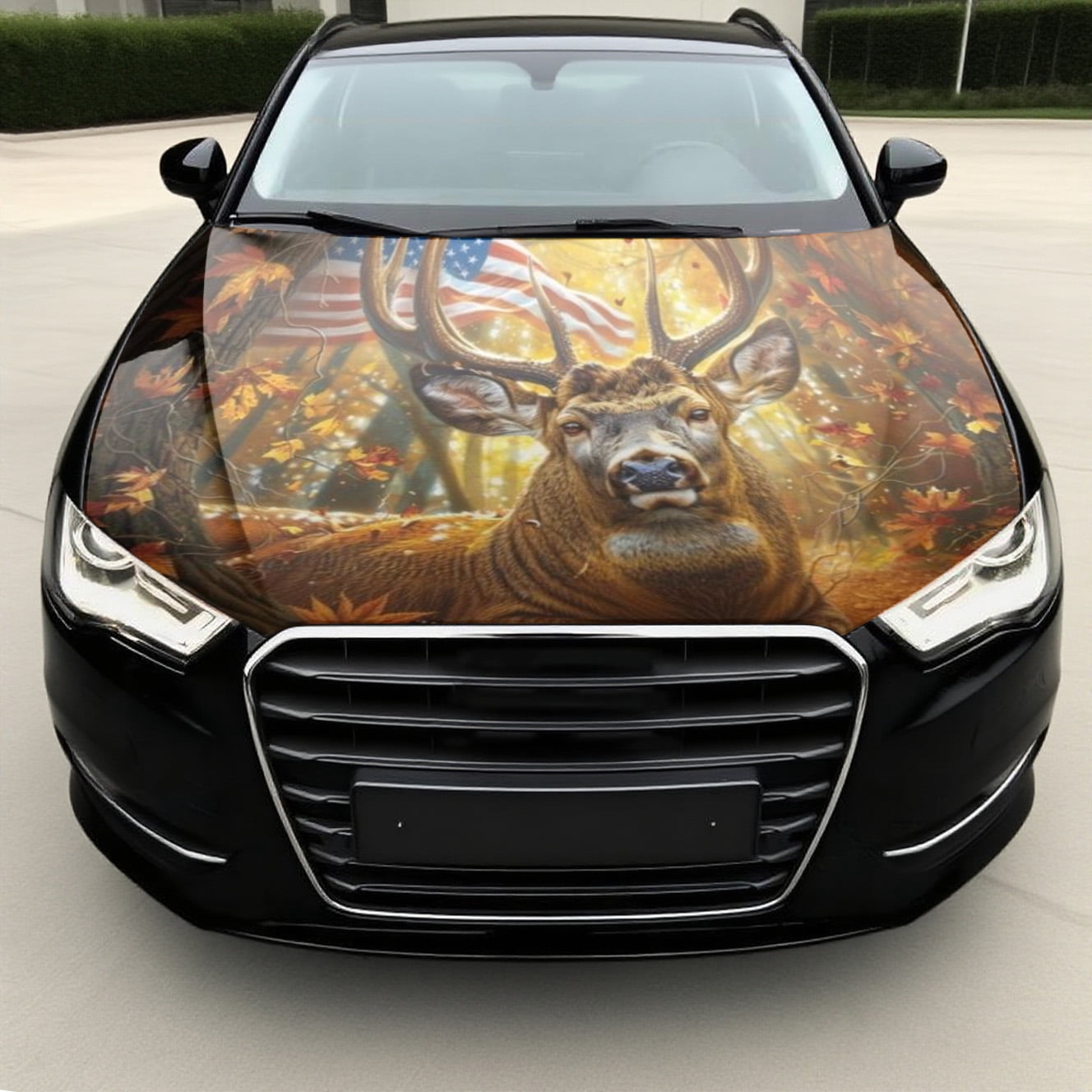 Patriotic Autumn Deer & American Flag Car Hood Decal Sticker - Red ...