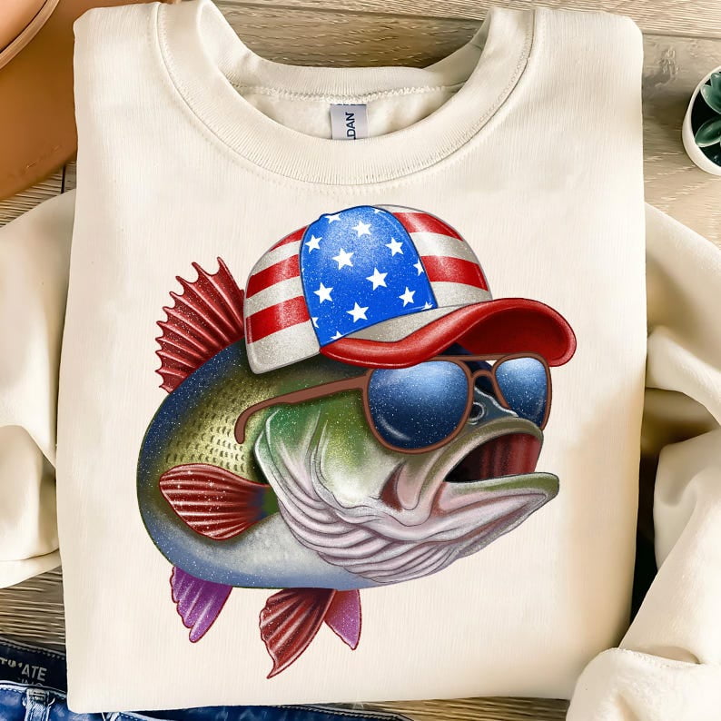 Patriotic Bass Fishing Sweatshirt – Red White and Blue USA Flag Fish ...