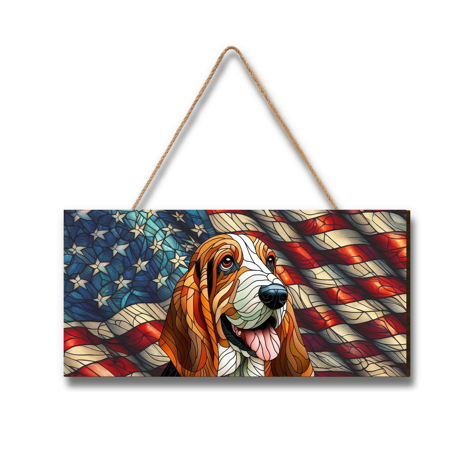Patriotic Basset Hound Stained Glass Portrait American Flag Landscape ...