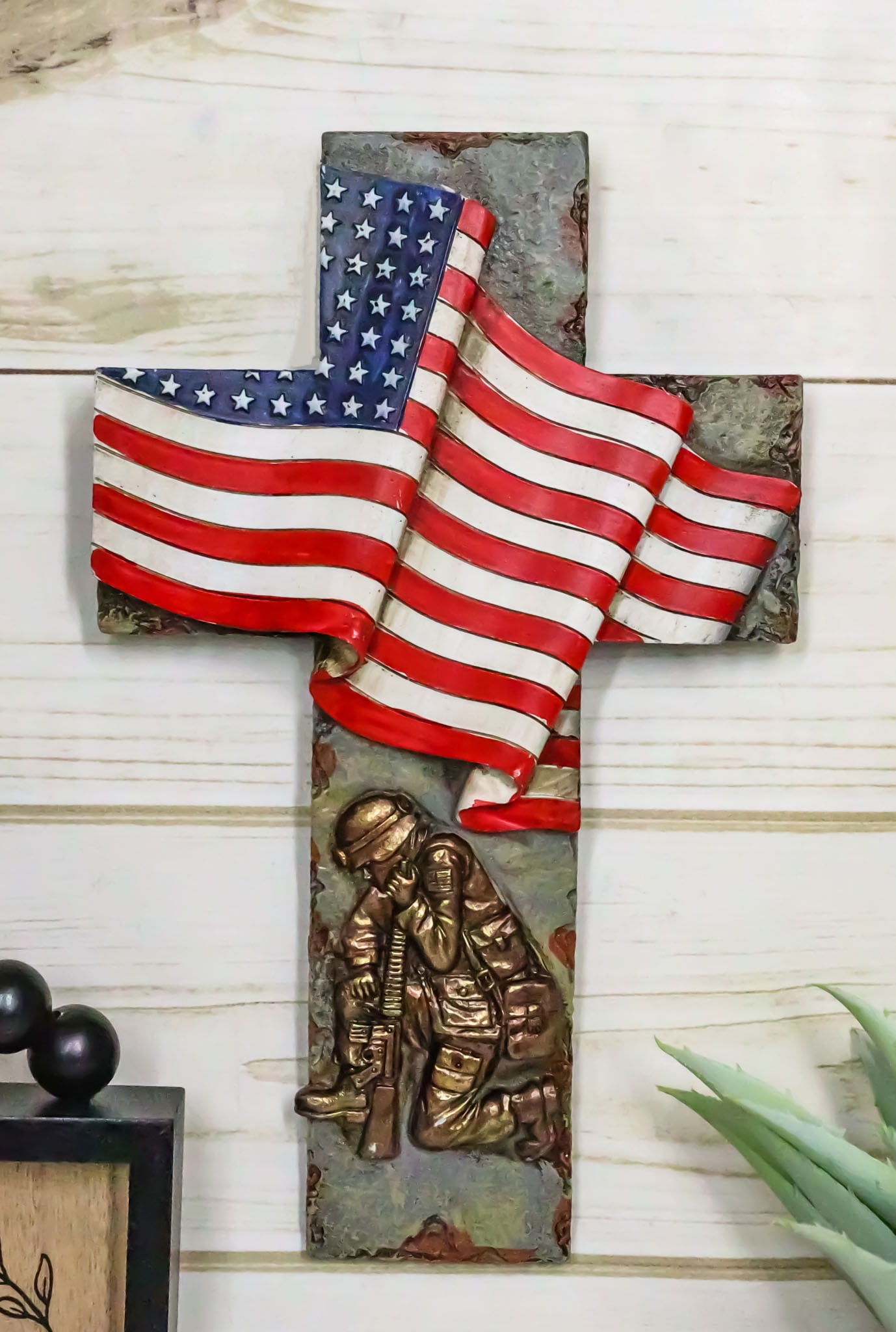 Patriotic Battlefield Decor: Kneeling Soldier in Prayer with American ...
