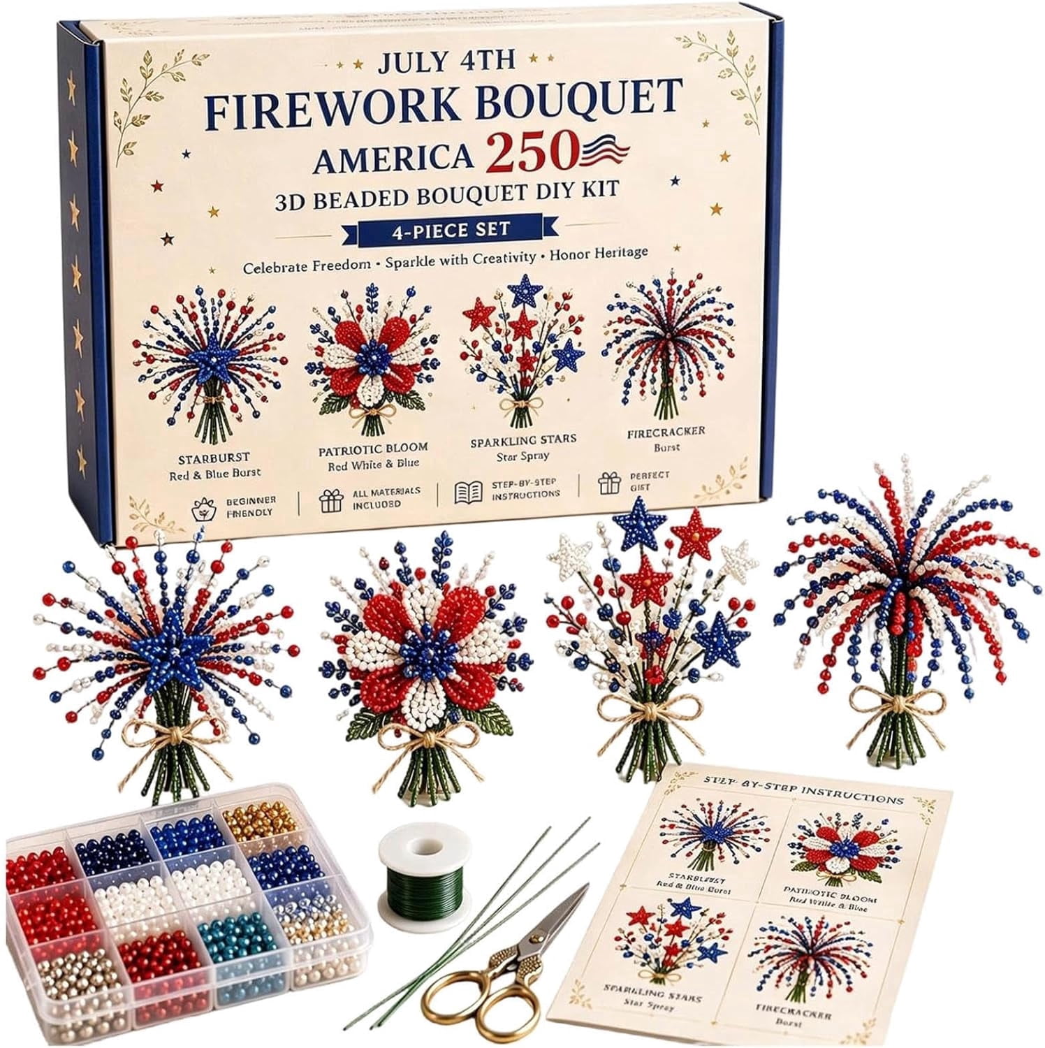 Patriotic Beaded Bouquet DIY Kit America Themed Floral Craft Set (Style ...