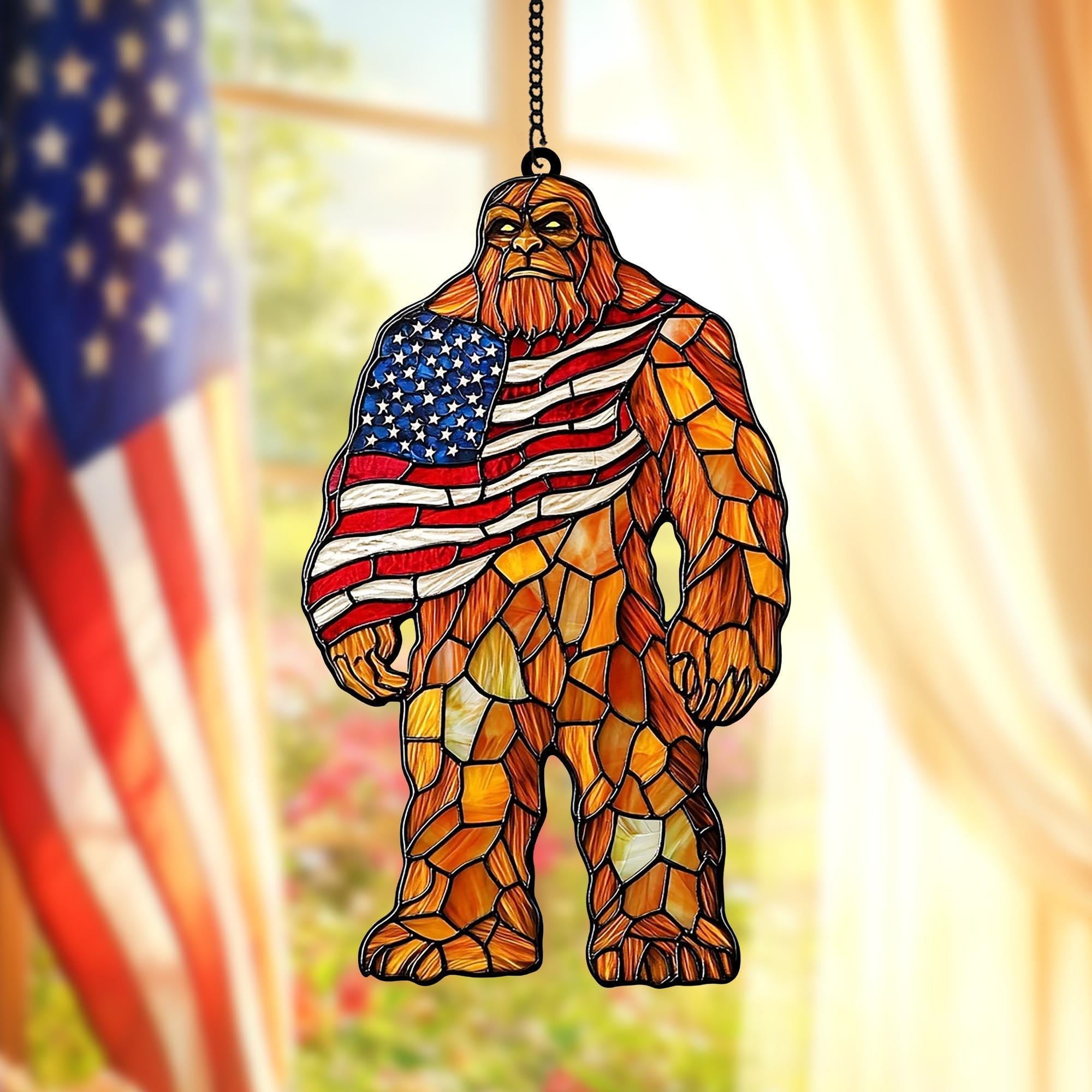 Patriotic Bigfoot with American Flag Acrylic Suncatcher, Faux Stained ...