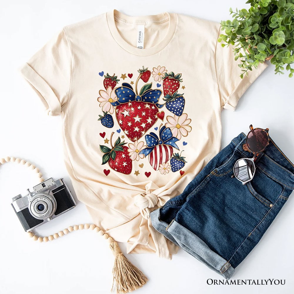 Patriotic Boho Strawberries Bouquet T-Shirt, 4th of July Festive Patch ...