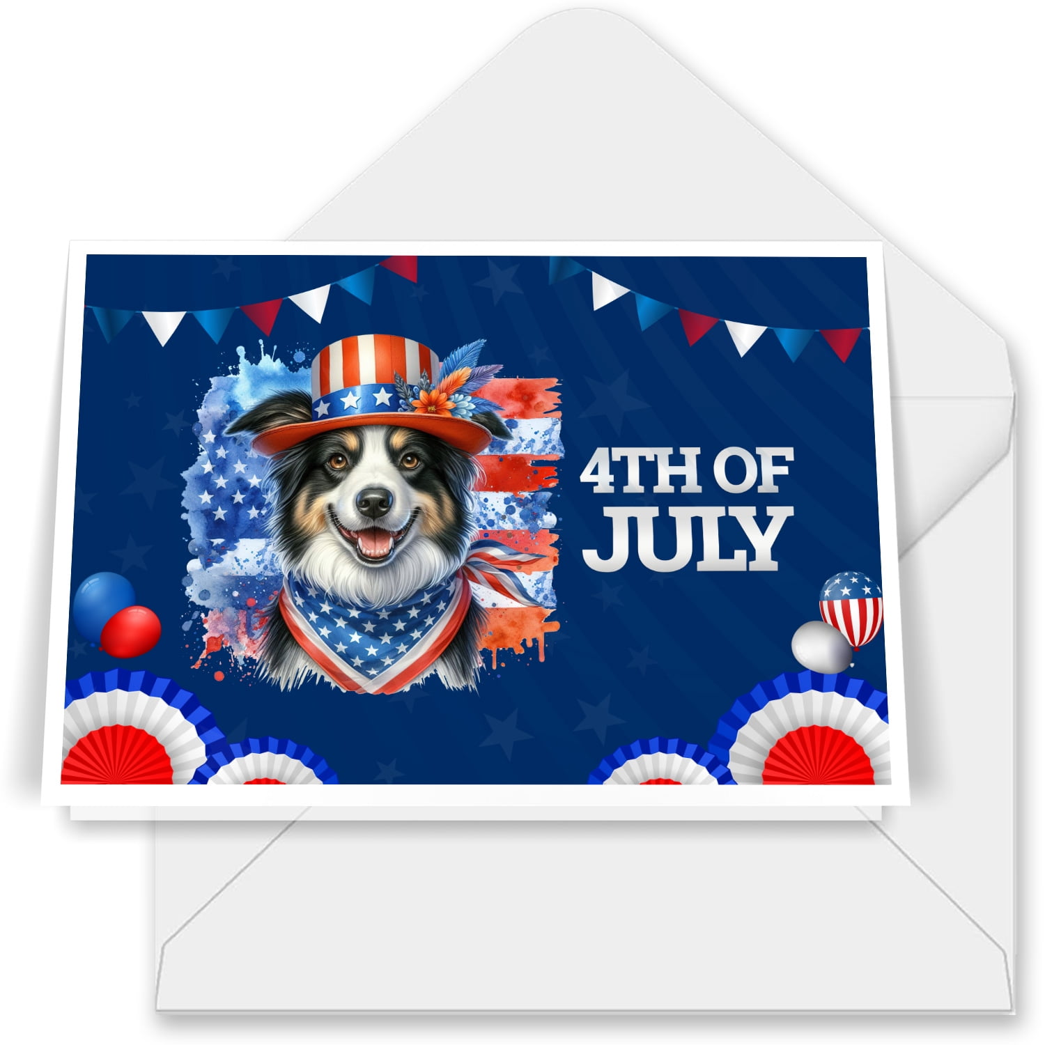 Patriotic Border Collie Celebrates 4th of July 7x5in Folded Greeting ...