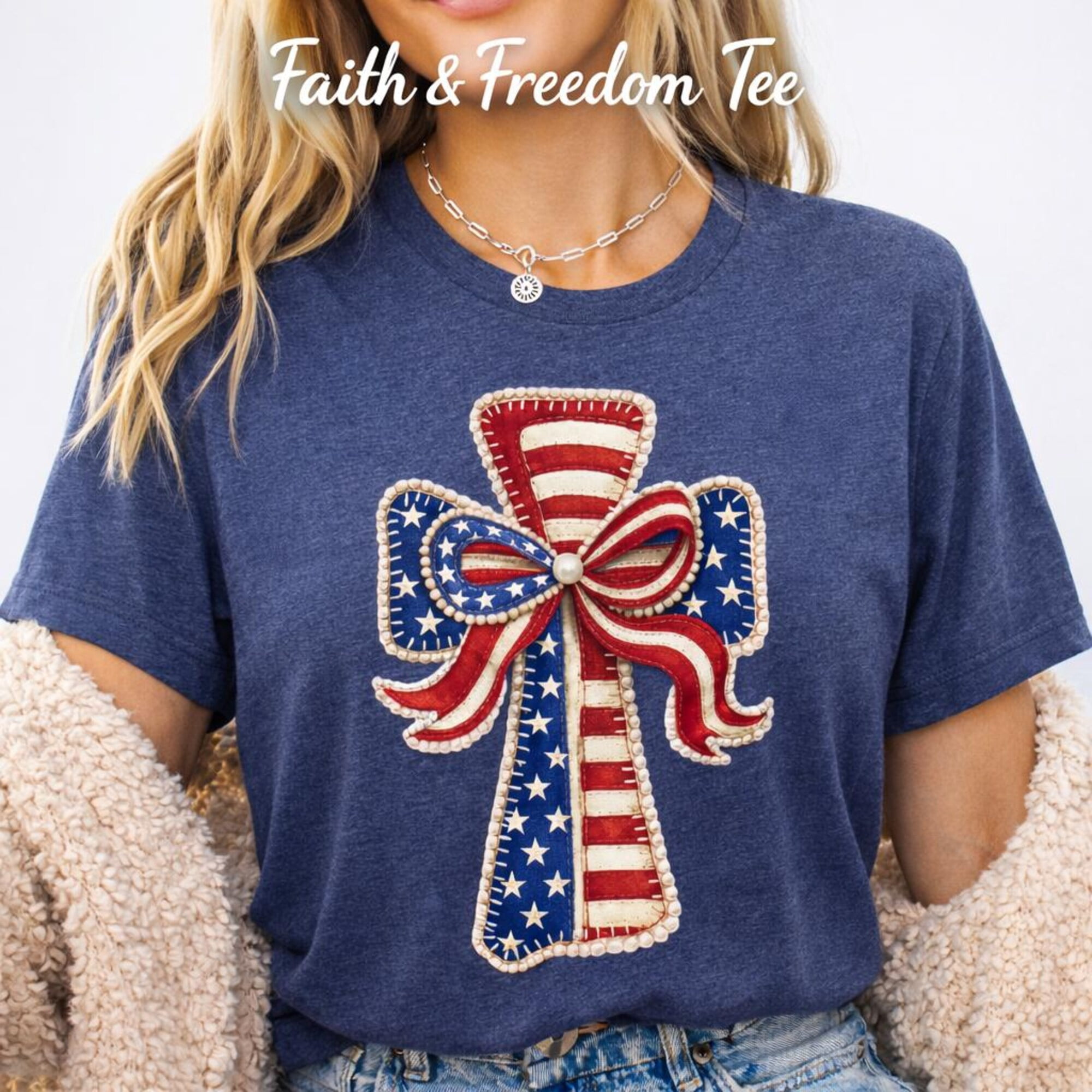 Patriotic Bow Cross Shirt Christian American Flag Shirt Faith July 4th ...