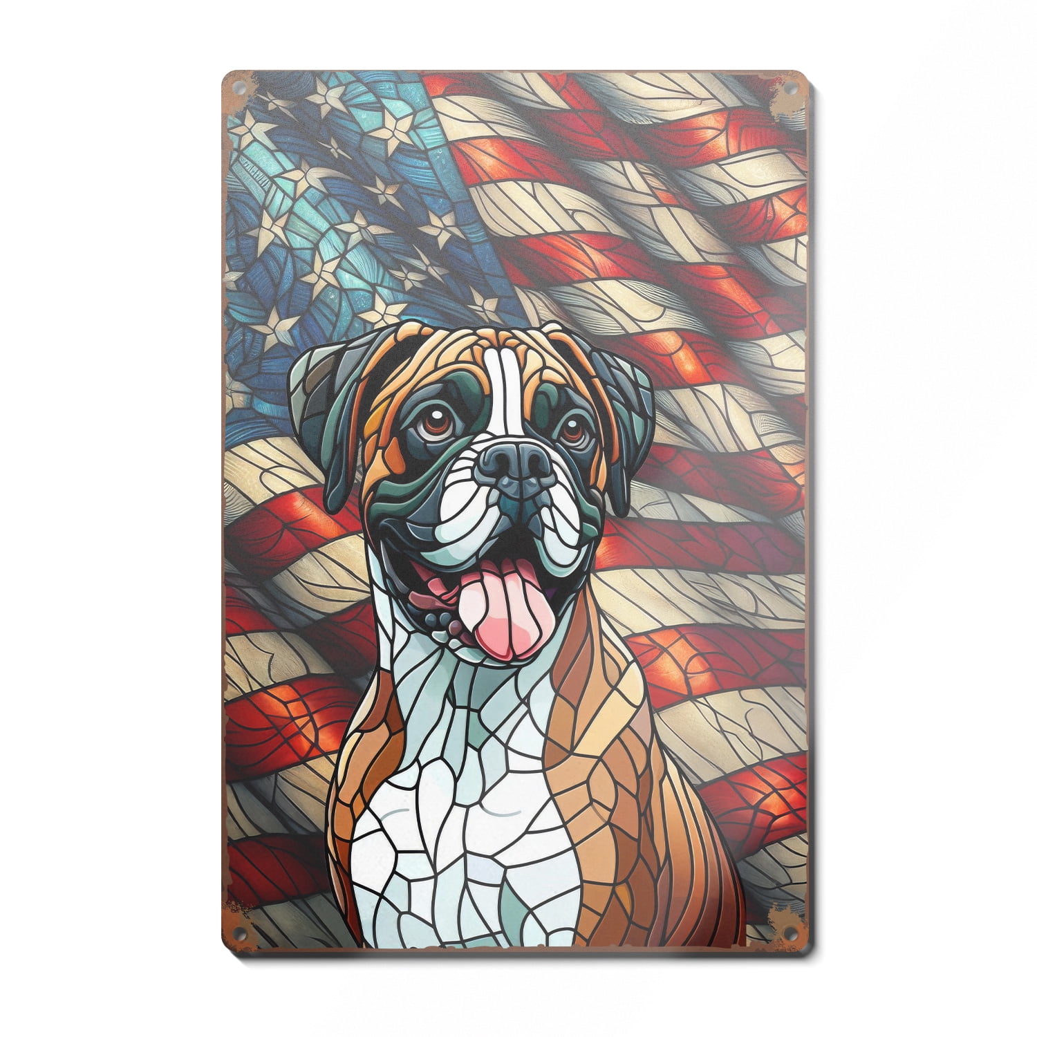 Patriotic Boxer Stained Glass Portrait American Flag Vertical Metal ...