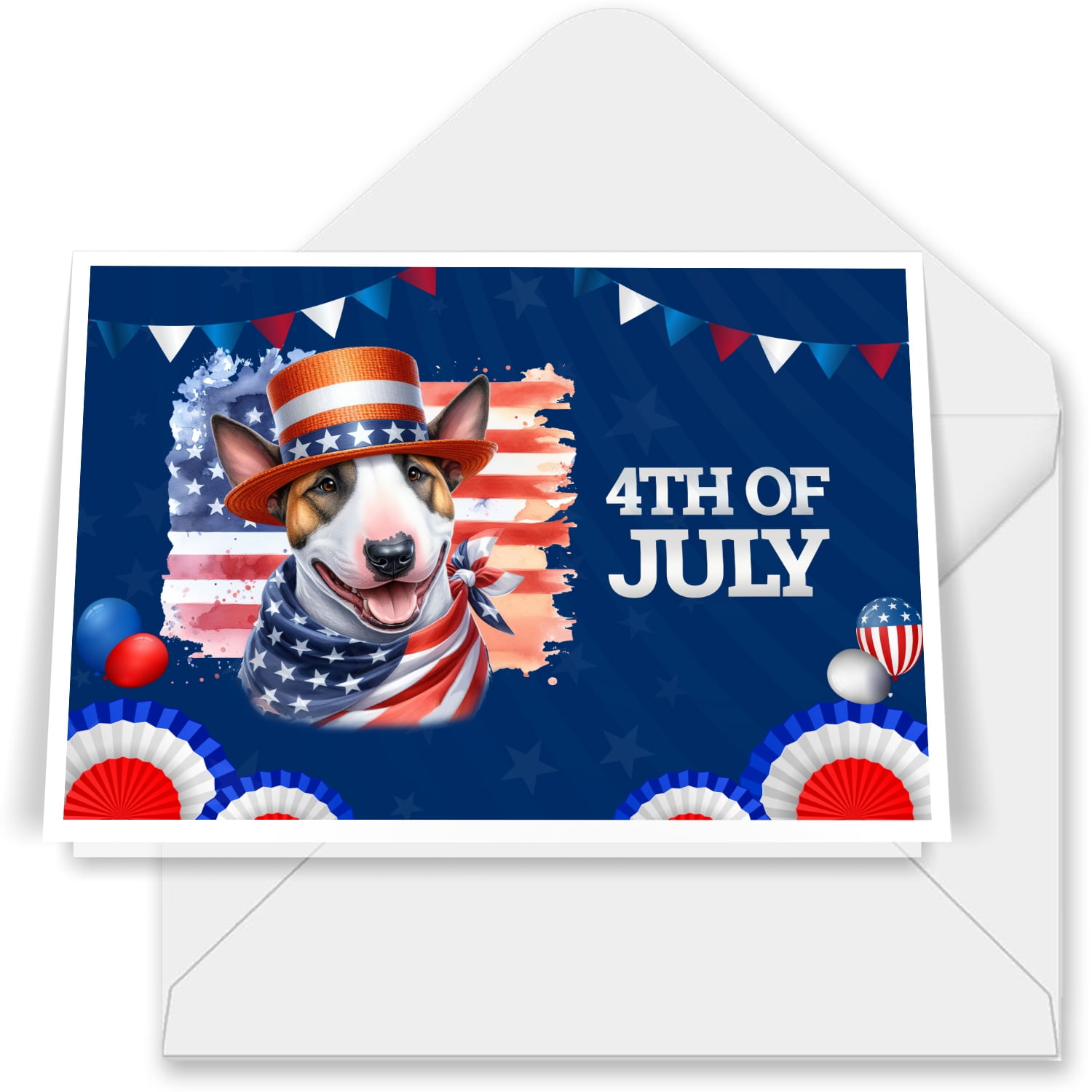 Patriotic Bull Terrier Celebrates 4th of July 7x5in Folded Greeting ...