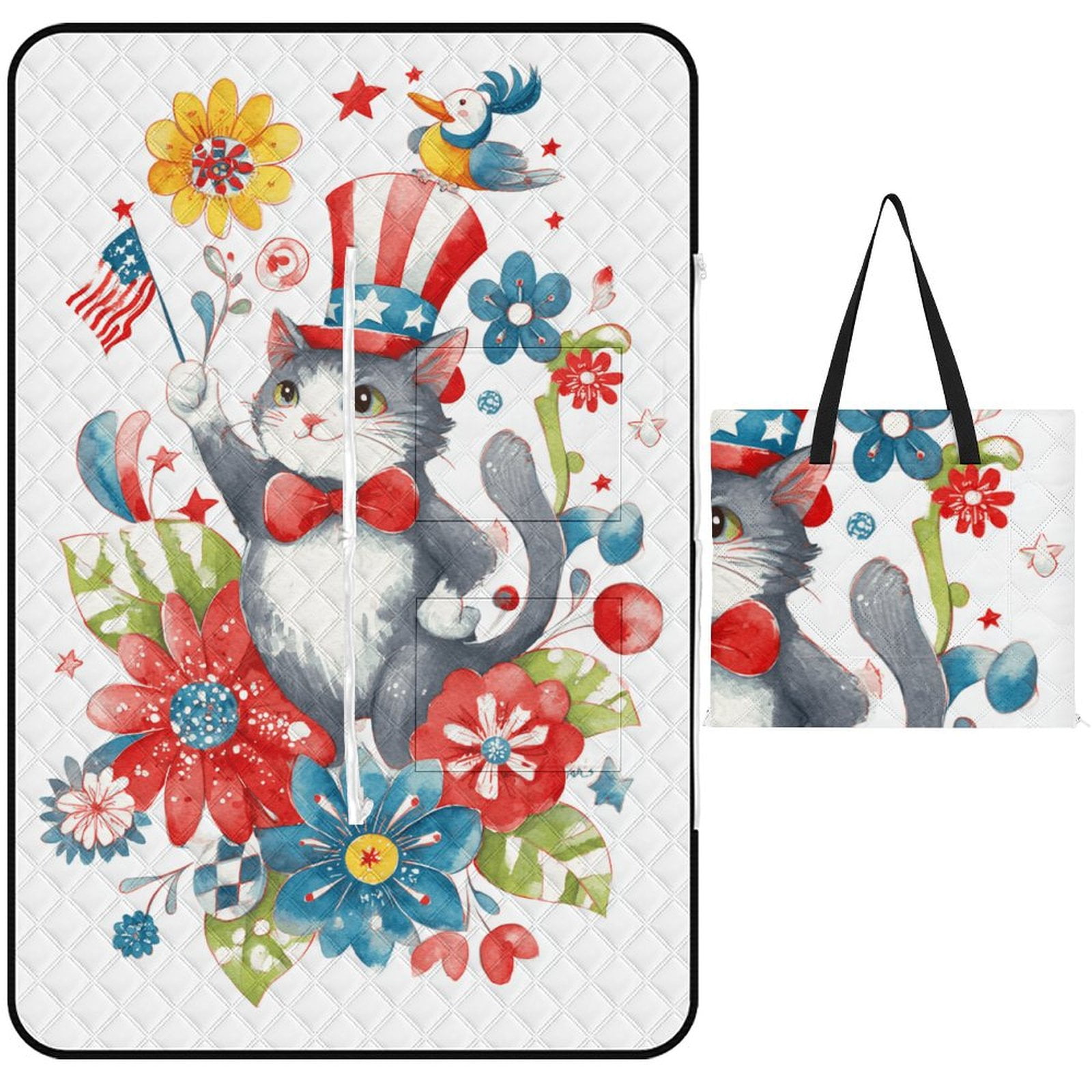 Patriotic Cat Floral Summer Artwork Waterproof Picnic Blanket with ...
