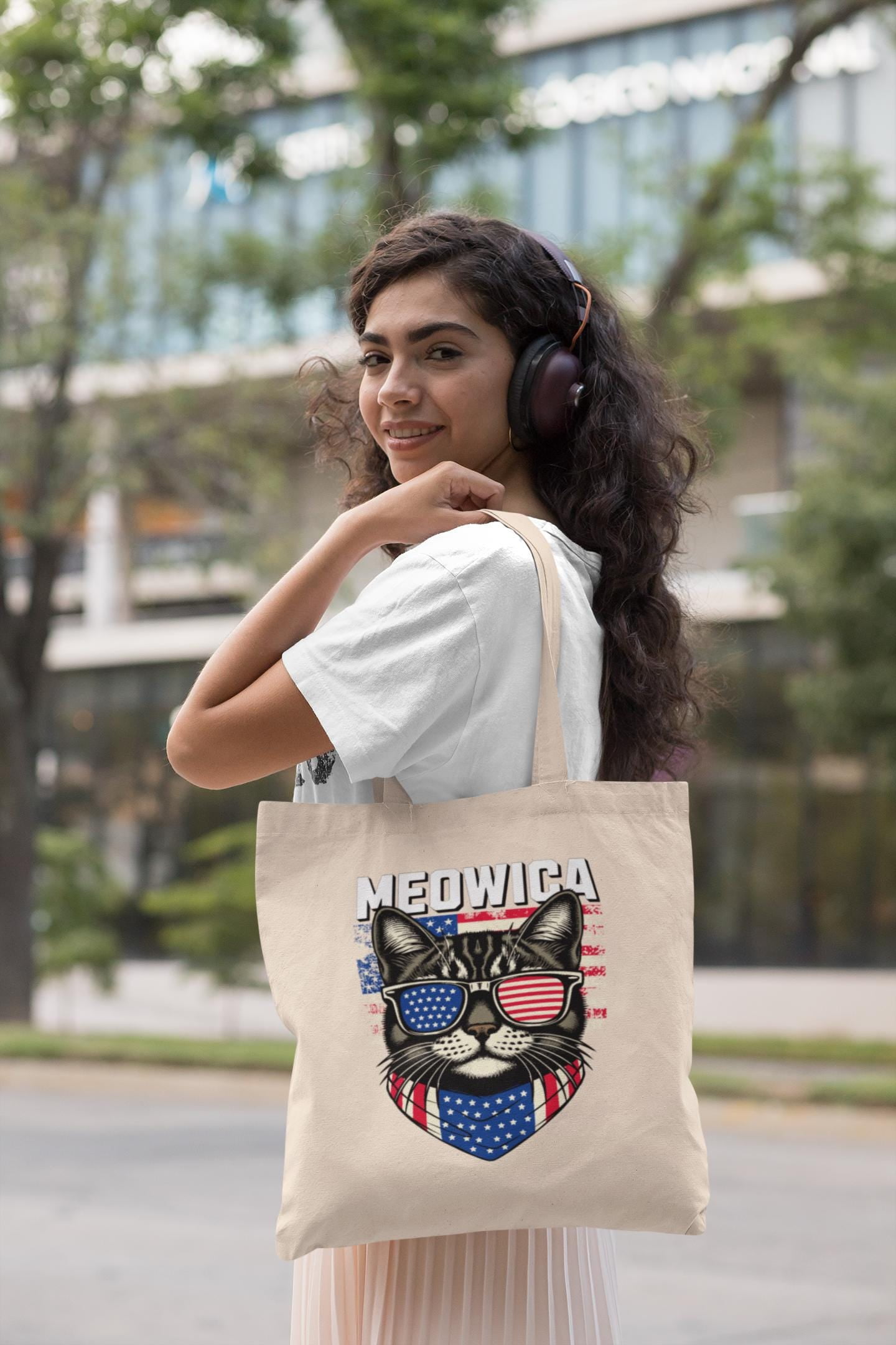Patriotic Cat Meowica Tote Canvas Cat Lovers Gift Eco-Friendly Shopping Cute Animal Birthday ...
