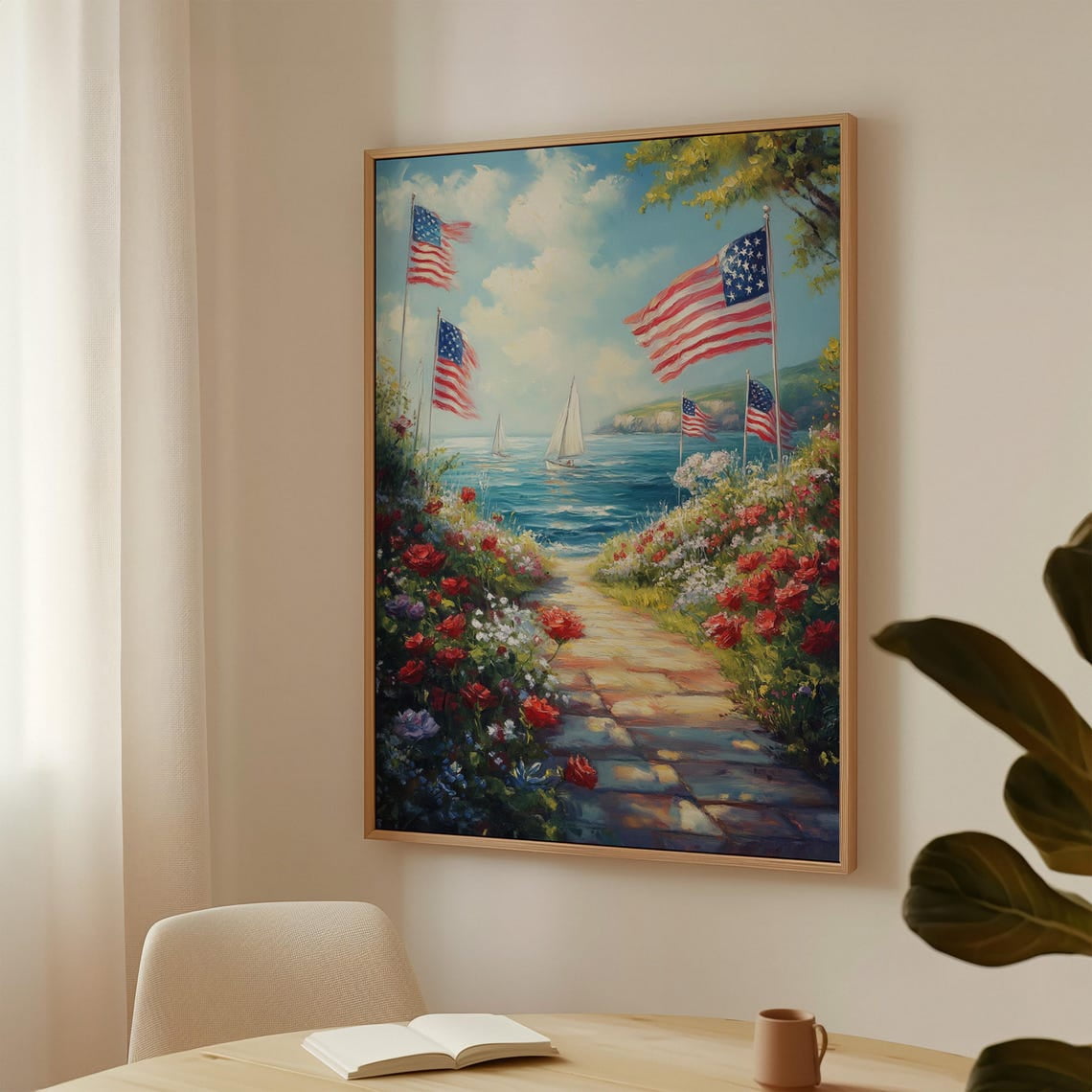 Patriotic Coastal Landscape Painting - American Flags And Seaside ...