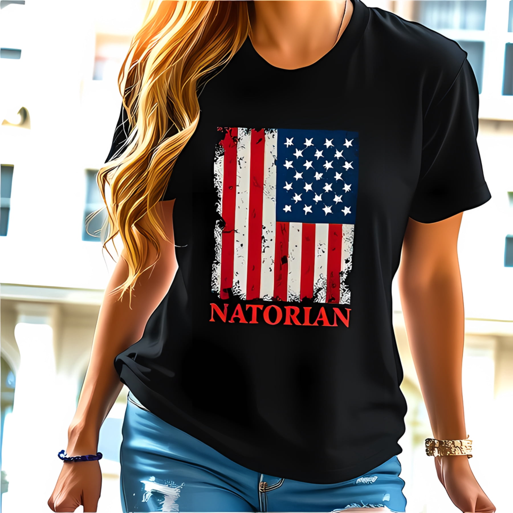 Patriotic Cotton Short Sleeve T-Shirt with Graphic & 'NATORIAN' Print ...