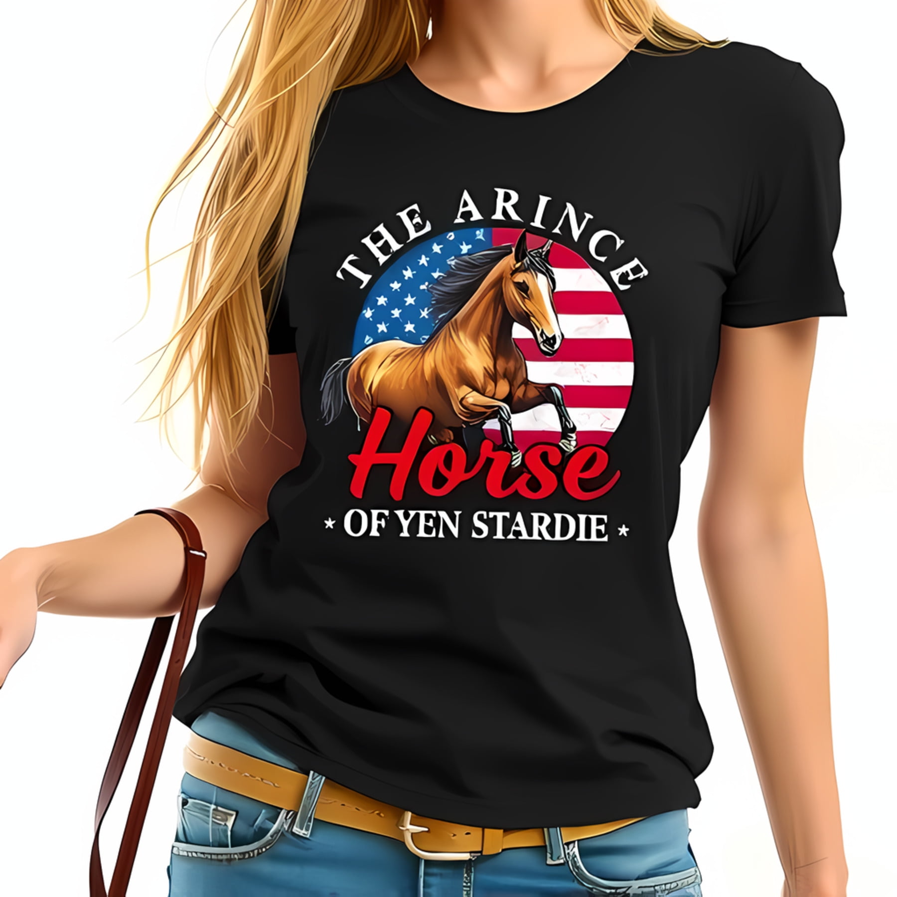 Patriotic Cotton Short Sleeve T-Shirt with Majestic Brown Horse & Design - " The Arince Horse ...