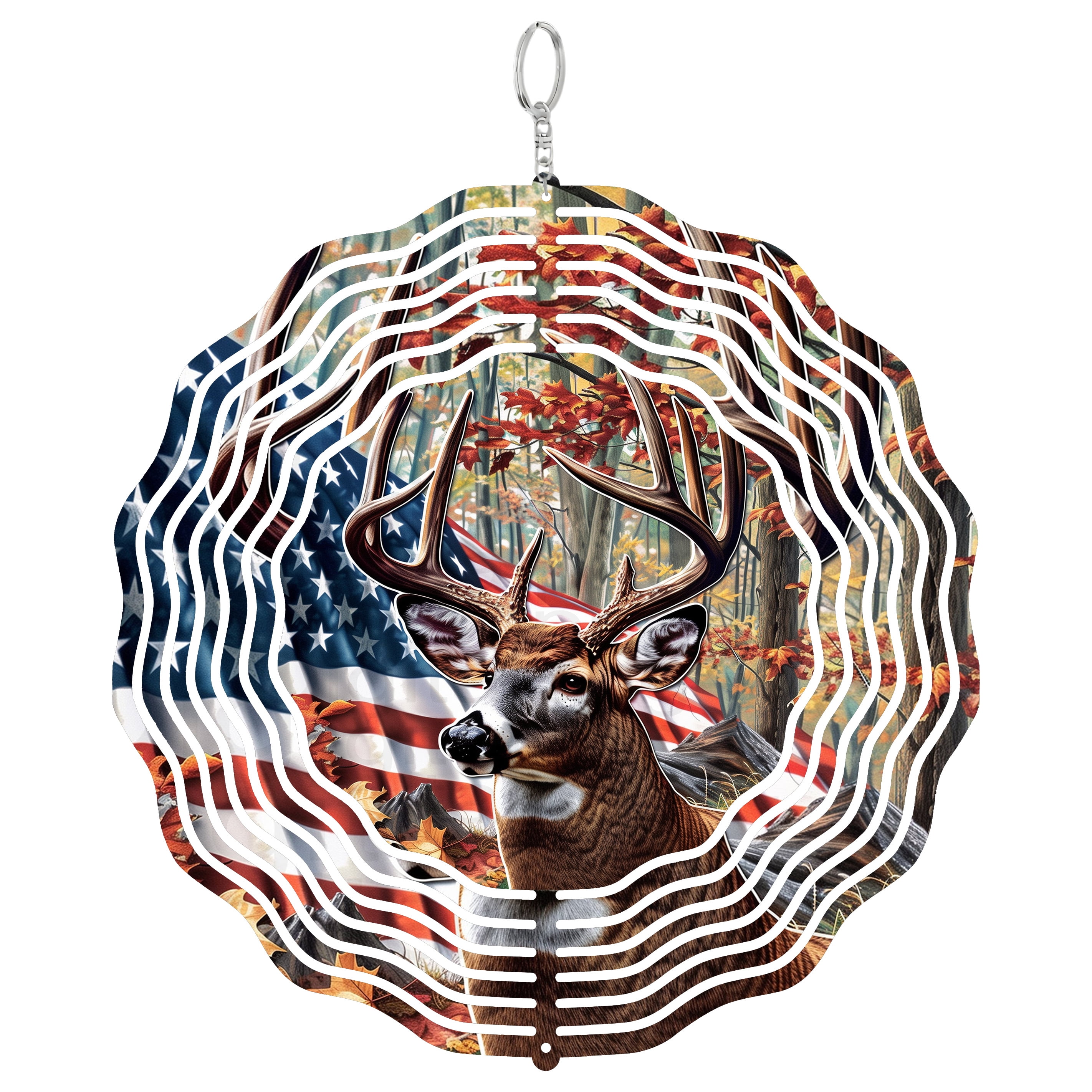 Patriotic Deer And Flag Round 3D Wind Spinner Hanging Outdoor Garden ...