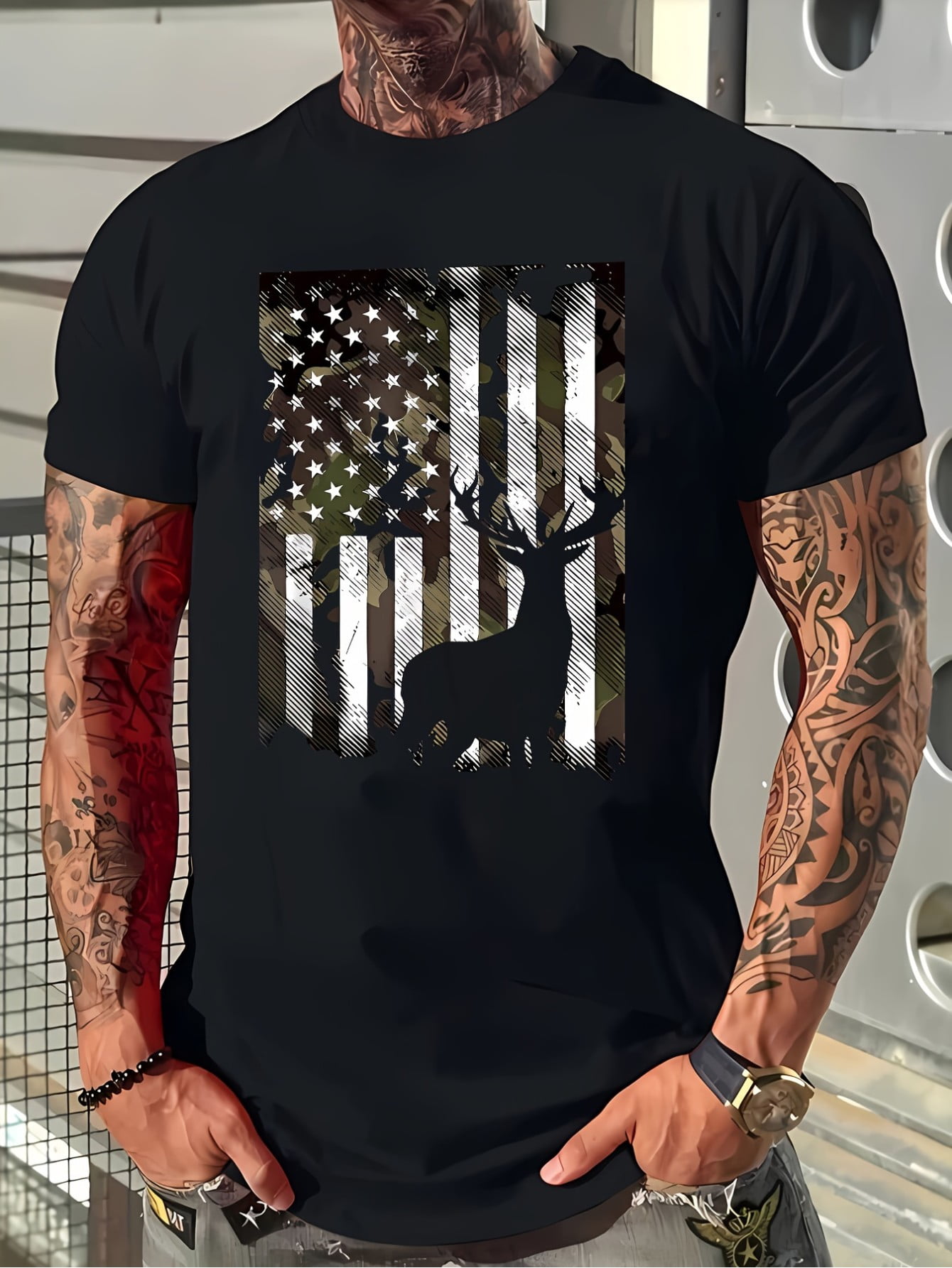 [Patriotic Deer Print Tee] Patriotic Deer Print T-Shirt - 95% Polyester ...