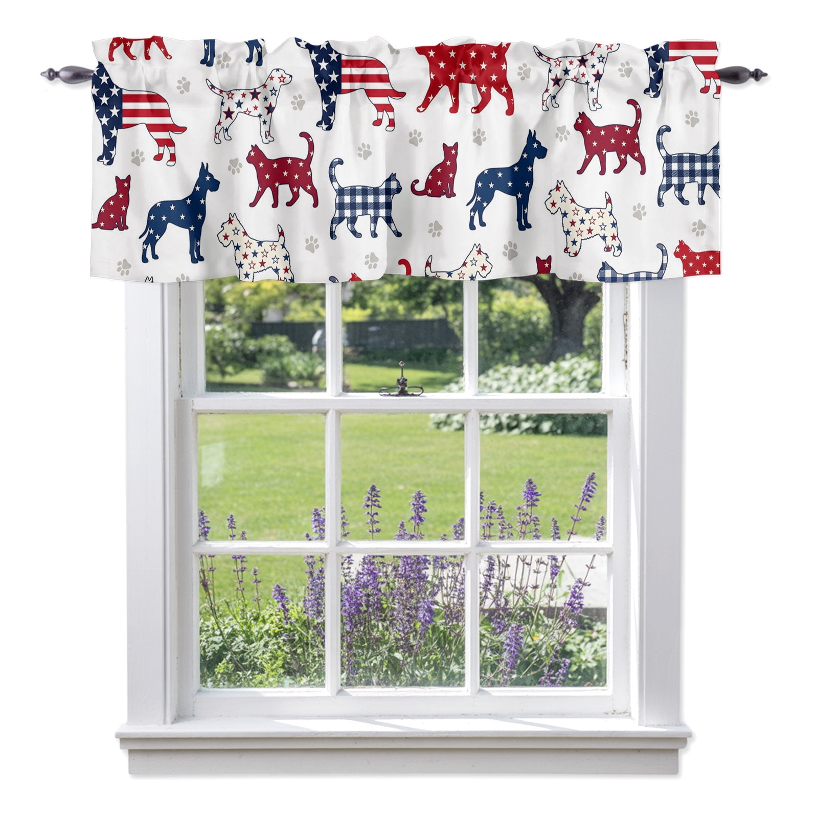 Patriotic Dog Cat Valances for Windows Animal Puppy Stars Paw Rod ...