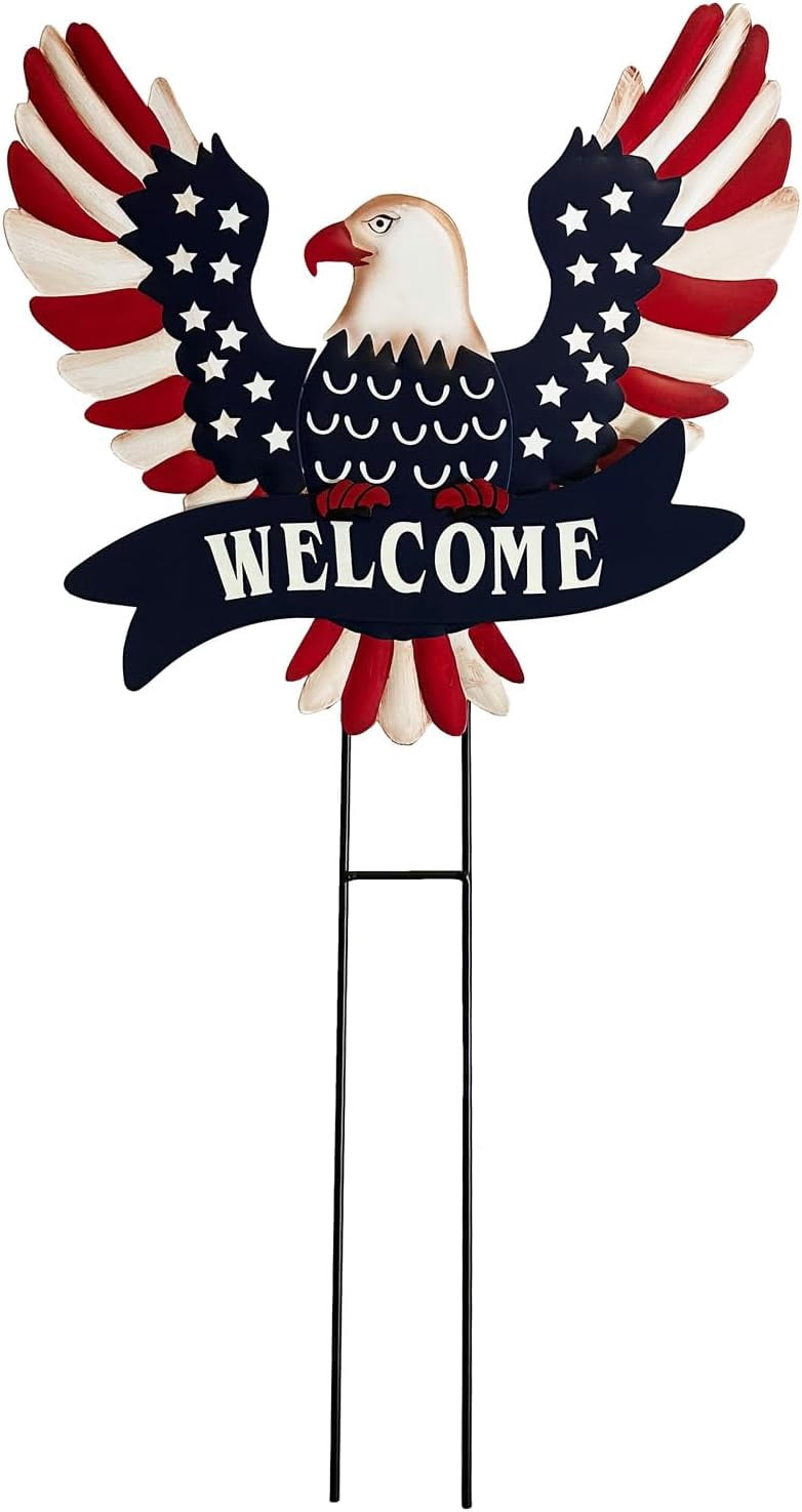 Patriotic Eagle Garden Stake Outdoor – Metal Yard Art with Welcome ...