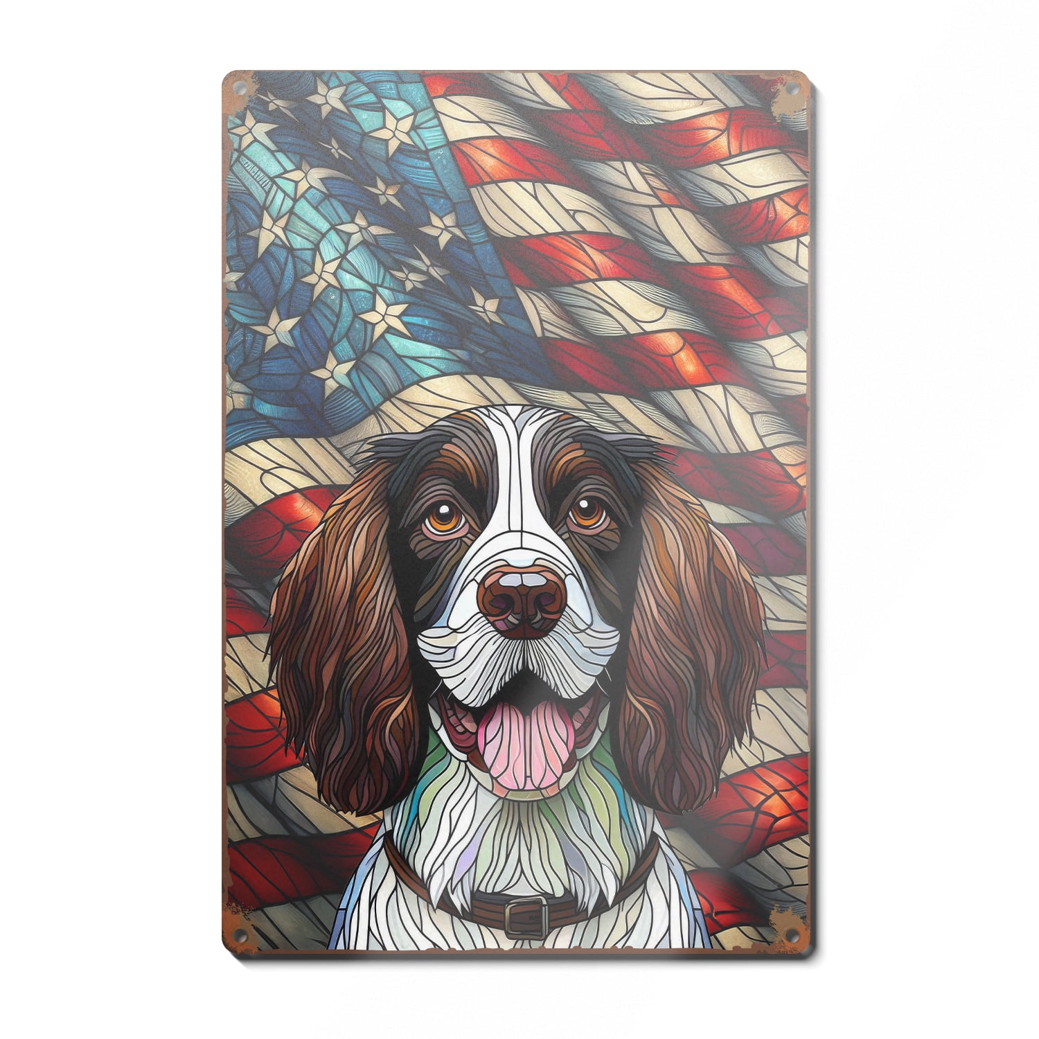 Patriotic English Springer Spaniel Stained Glass Portrait American Flag ...