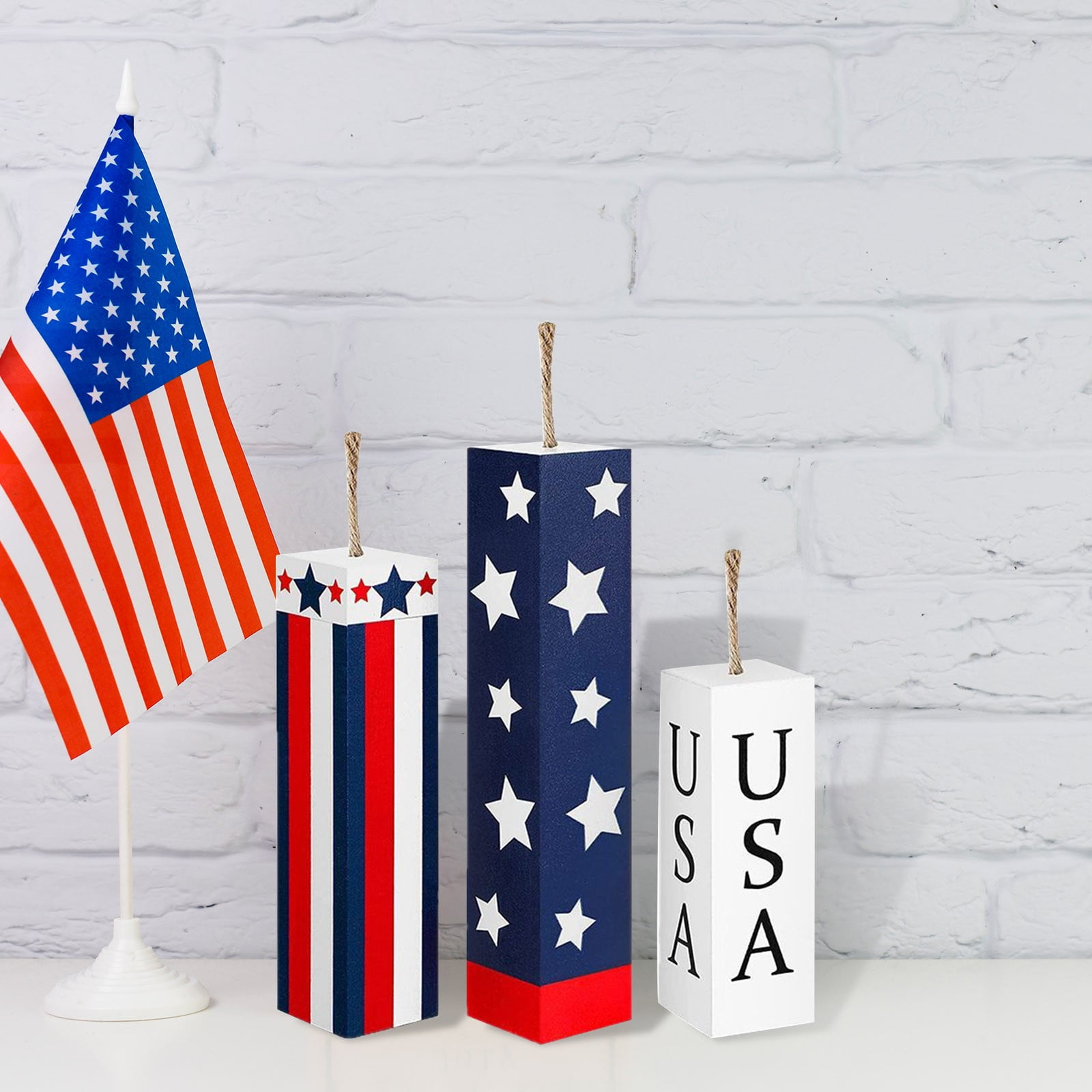 Patriotic Fireworks Wooden Blocks - 4th of July Home Decor Red White & Blue Stars - Festive ...