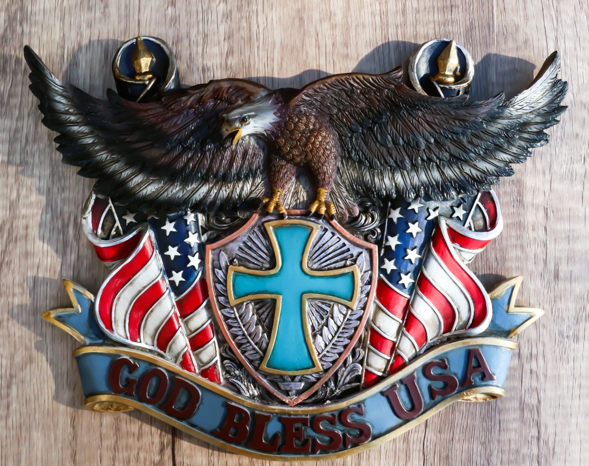 Patriotic Flags Bald Eagle On Cross Crest God Bless USA Wall Plaque ...