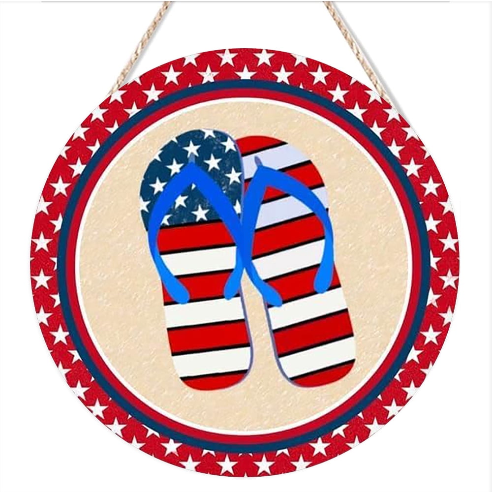 Patriotic Flip Flop Rustic Round Hanging Wood Sign Door Sign Exterior ...