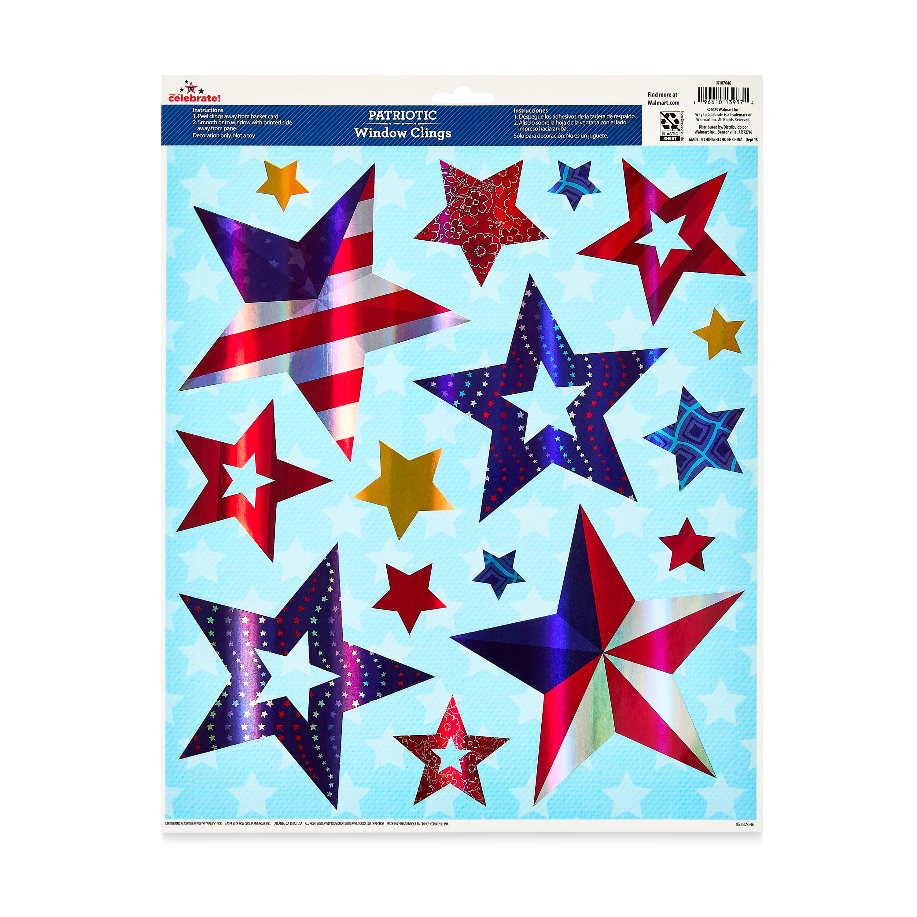 Patriotic Foil Star Window Clings, 11.75 in x 17 in, by Way To ...