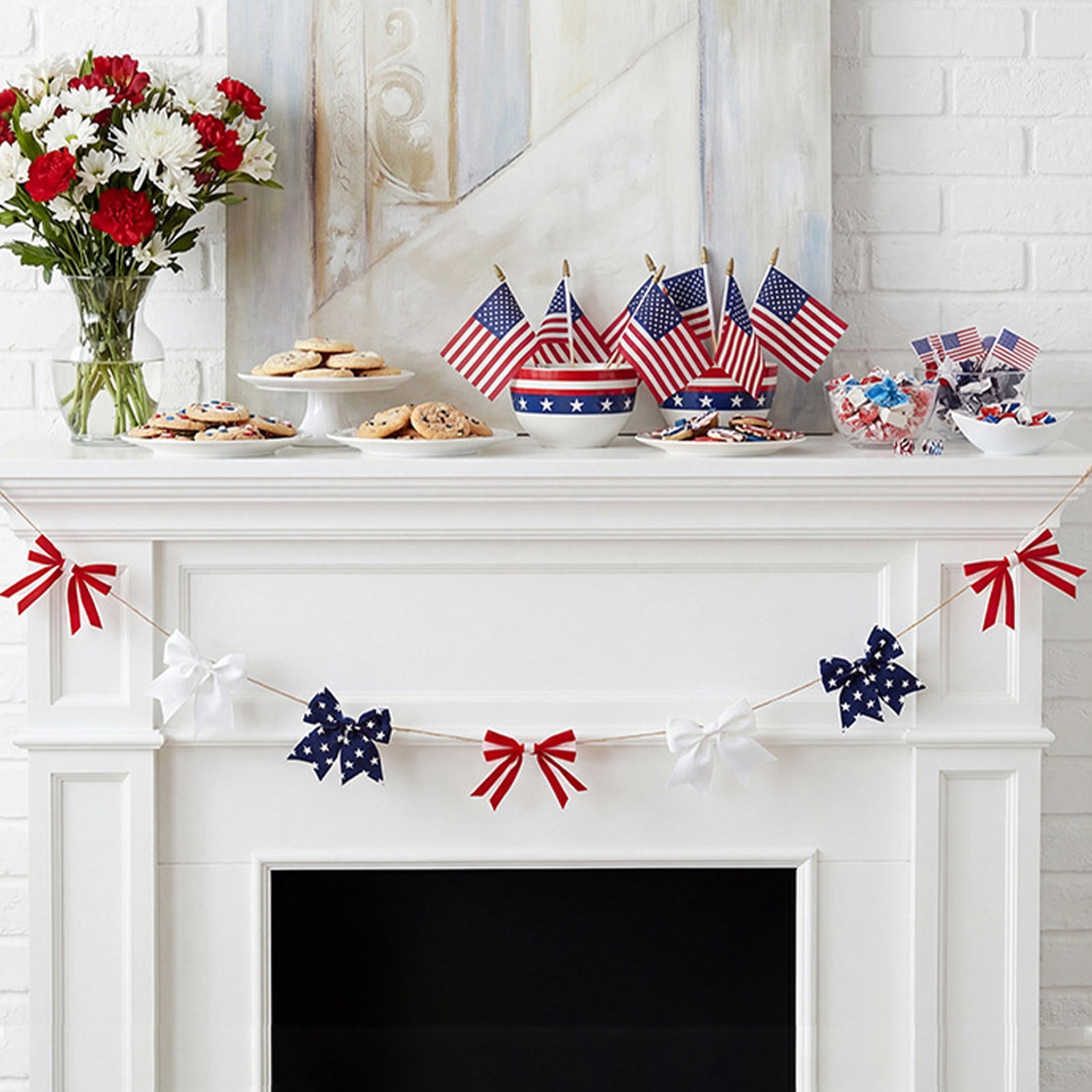 Patriotic Garland Banners, Red White Blue Bow Ties String, 4th of July ...