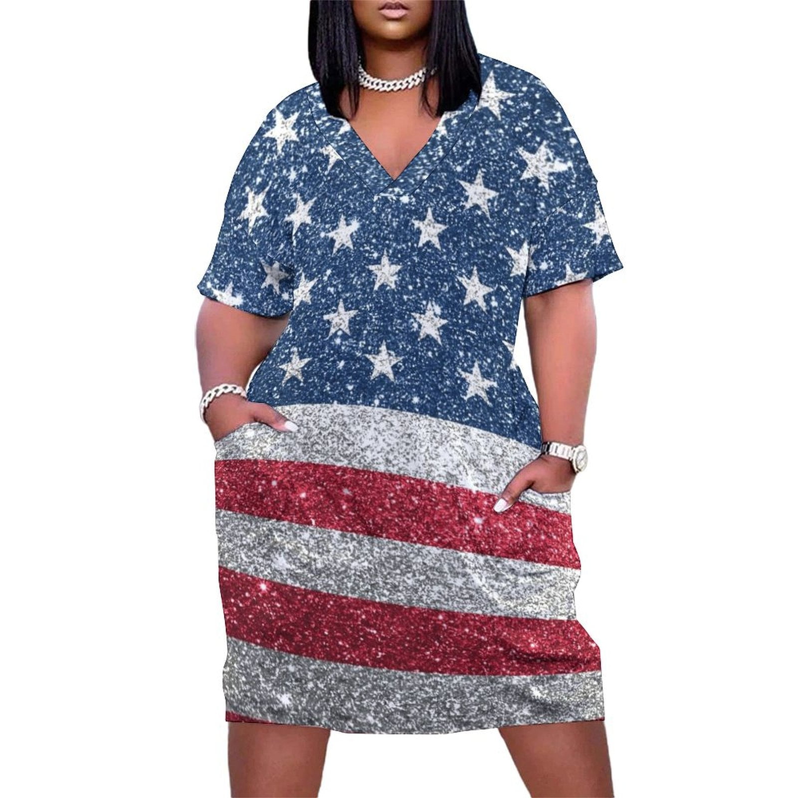 Patriotic Glitter American Flag Loose Pocket Dress woman dress elegant ...