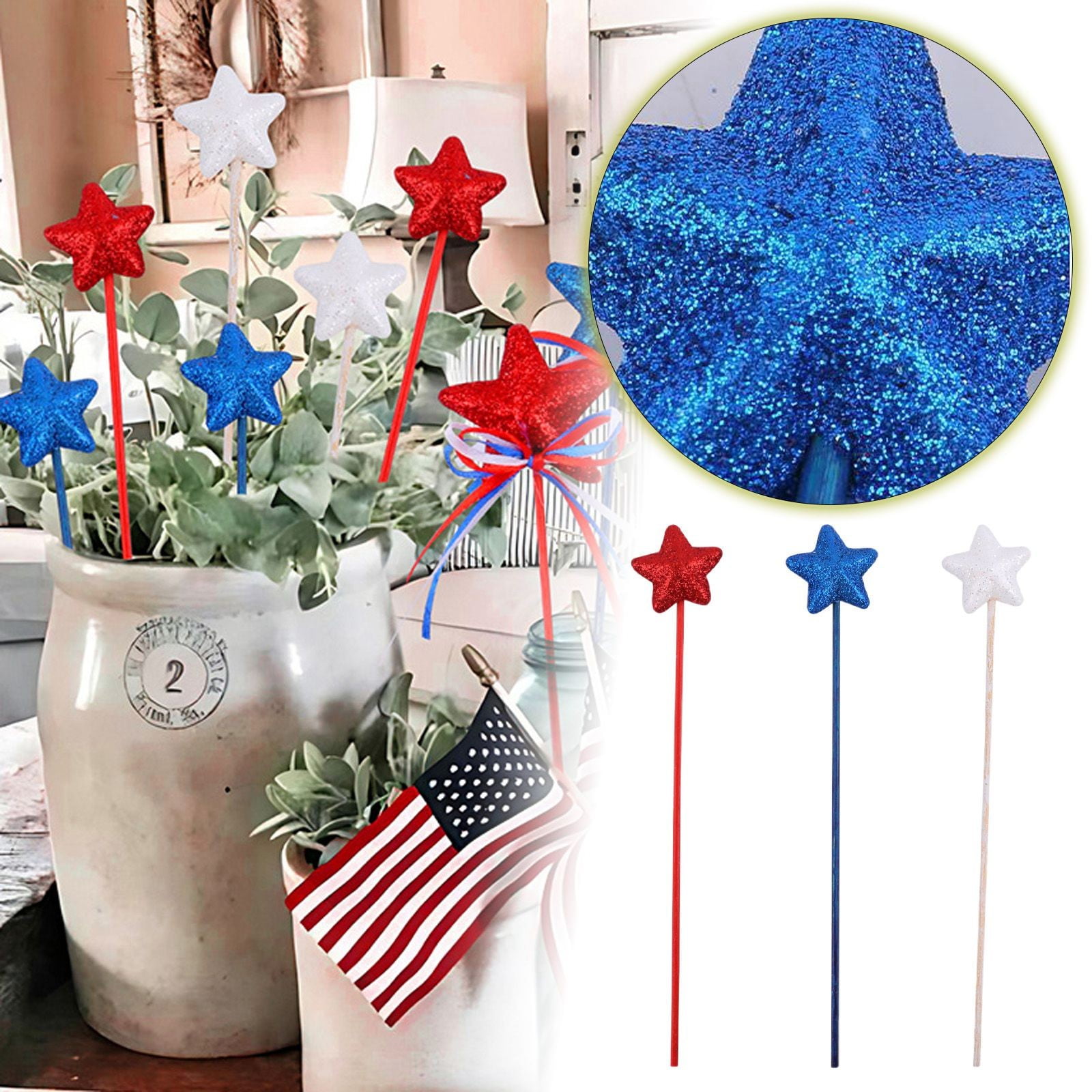 Patriotic Glitter Star Foam Sticks - 4th of July Decorations, Red White ...