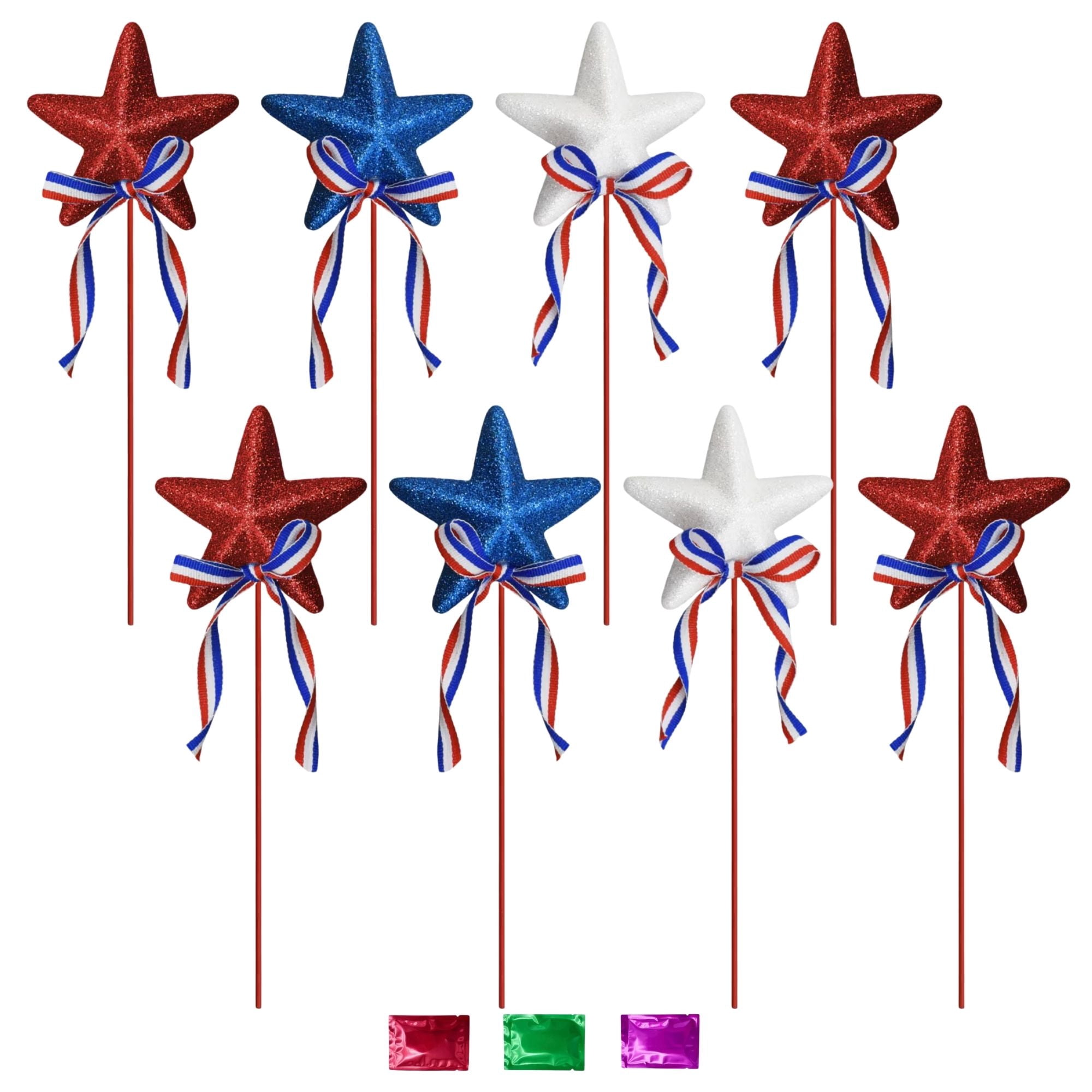 Patriotic Glitter Star Picks 8Ct, Red White Blue Foam Stars with Bow ...
