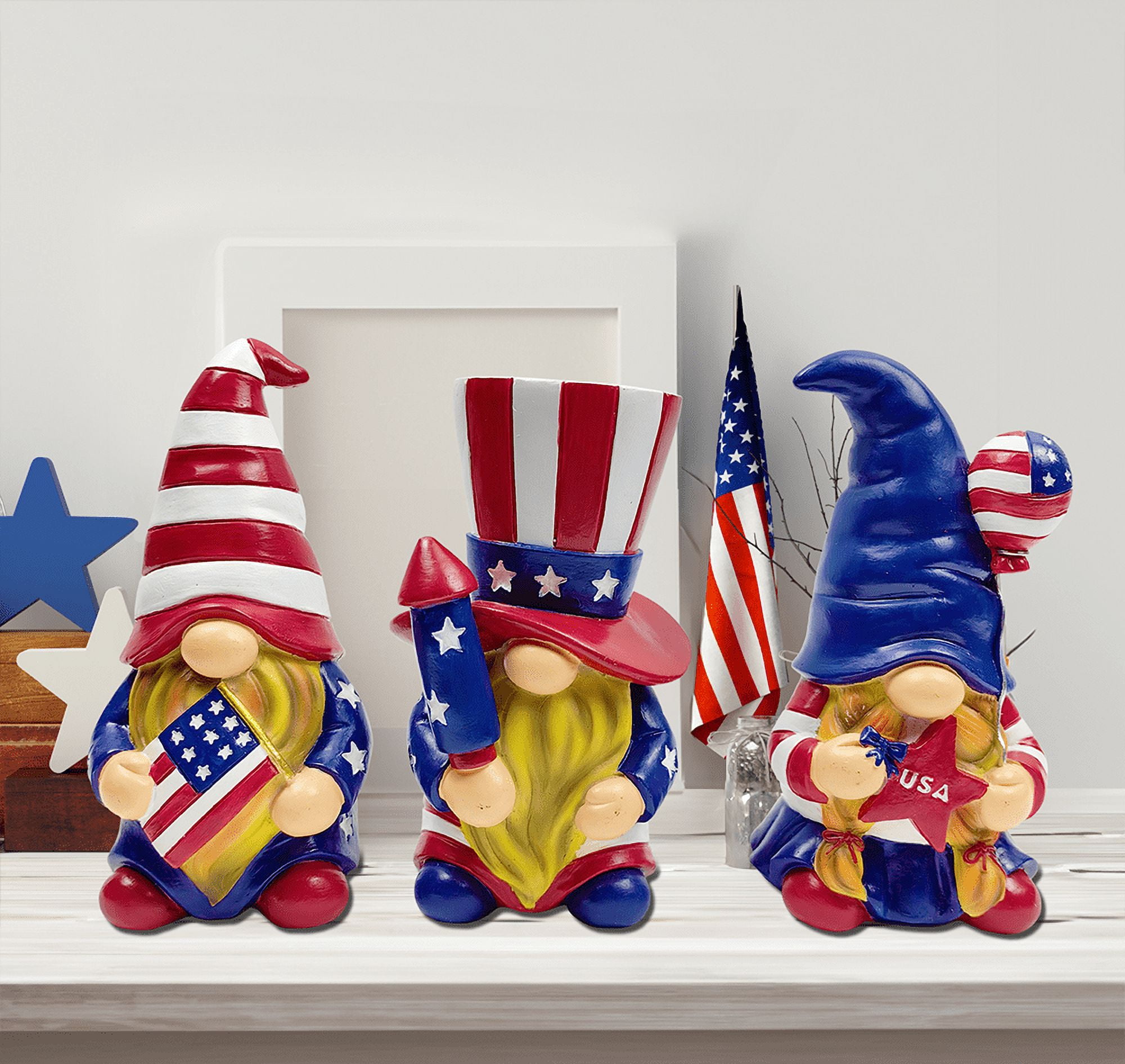 Patriotic Gnome Trio Figurines, 6" Set of Three Garden Statues and July ...