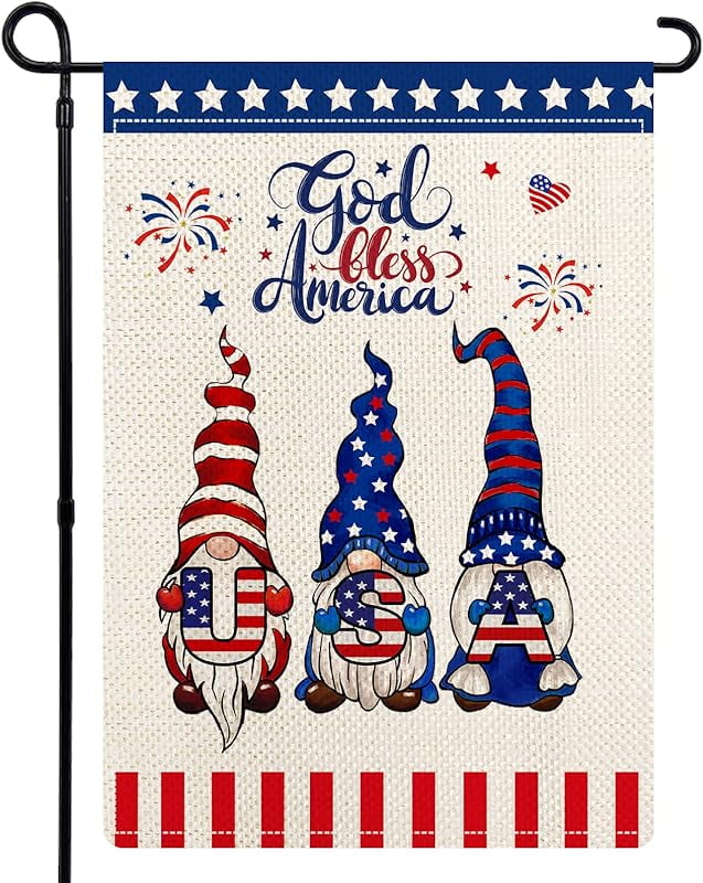 Patriotic God Bless America Garden Flags for Outside, 4th of July Gnomes American Flag, Double ...