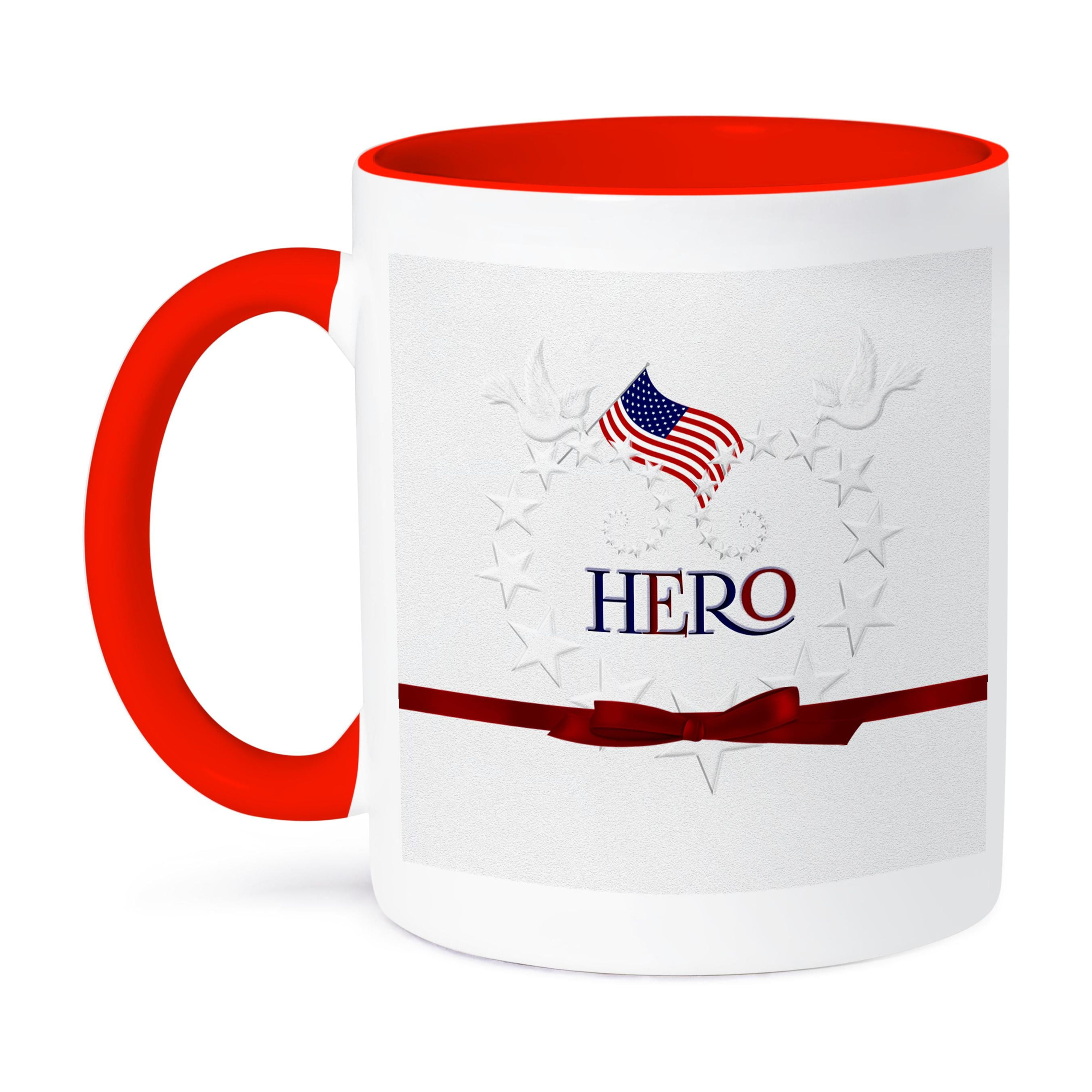 3dRose, Patriotic HERO Star Spangled Etched-like Heart with American Flag, 15oz Two-Tone Red Mug ...