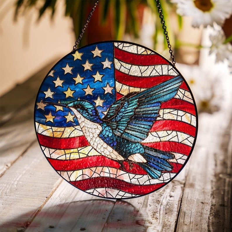 Patriotic Hummingbird Stained Glass Suncatcher, Hummingbird Window ...