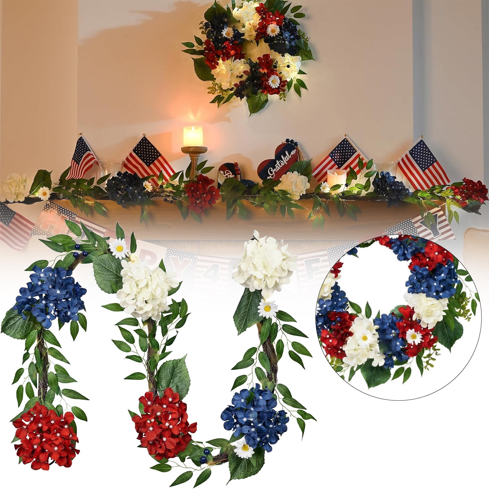 Patriotic Hydrangea Garland,72inch Red White Blue Artificial Flower ...