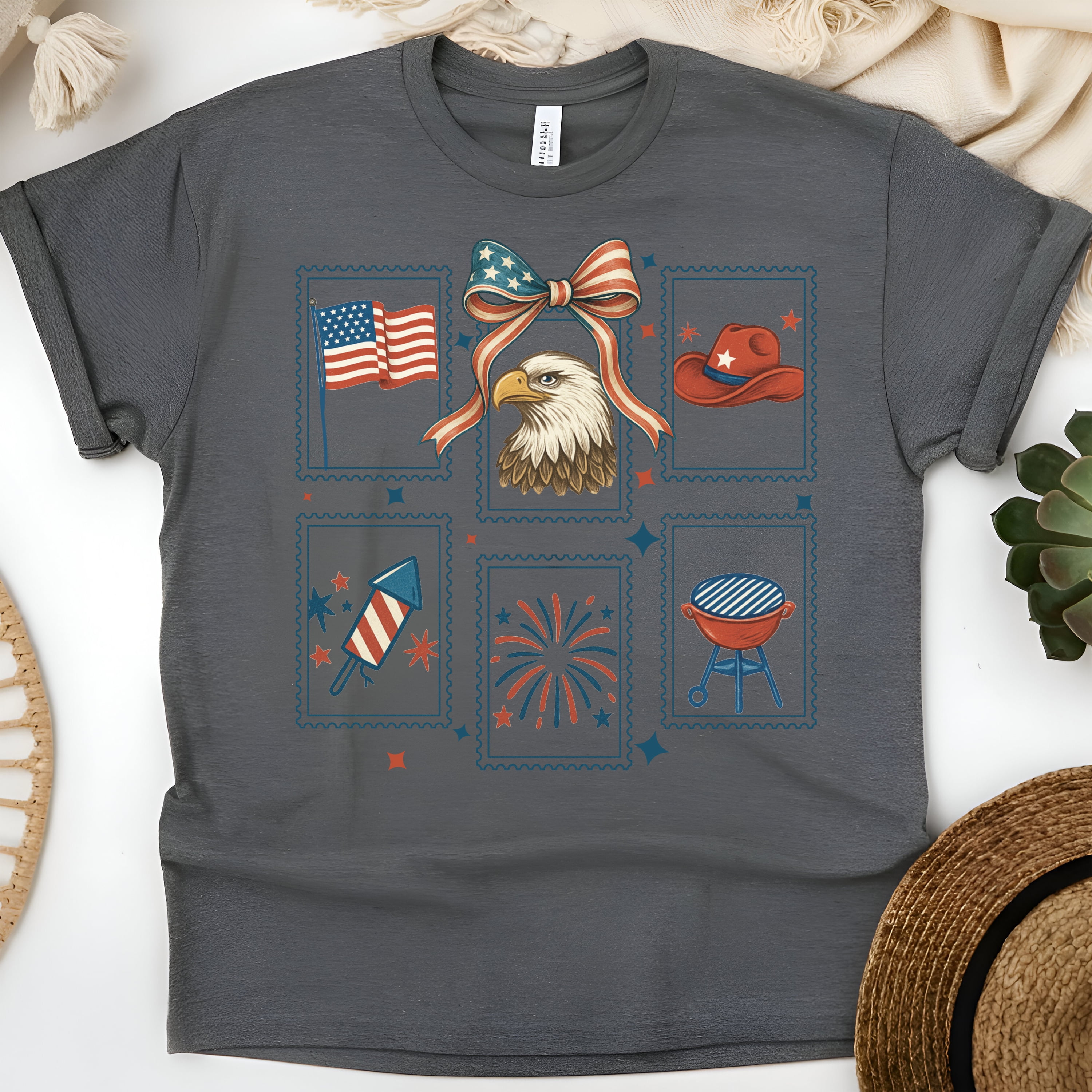 Patriotic Icons Stamp Shirt for Men, American Flag Bald Eagle BBQ ...
