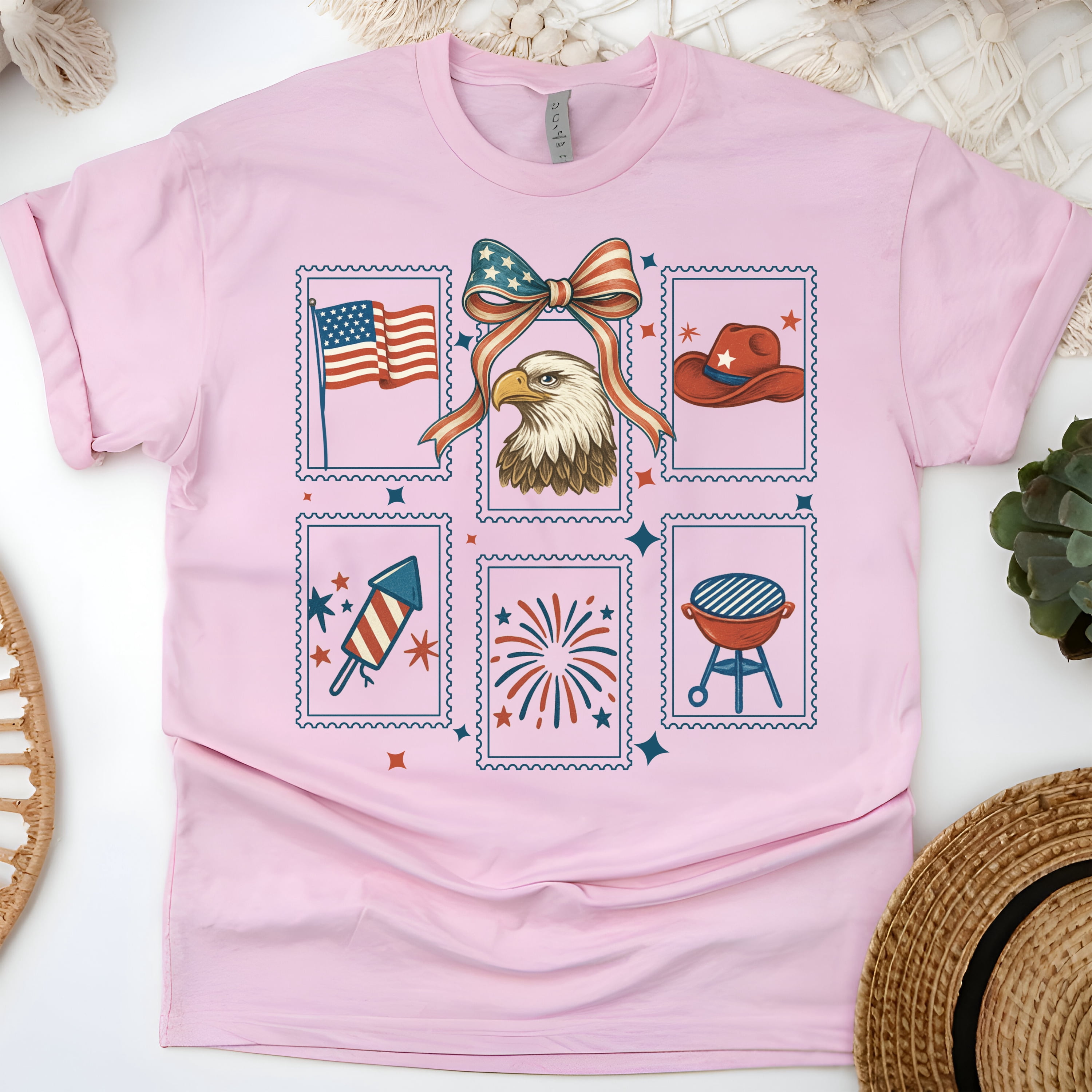 Patriotic Icons Stamp Shirt for Men, American Flag Bald Eagle BBQ ...