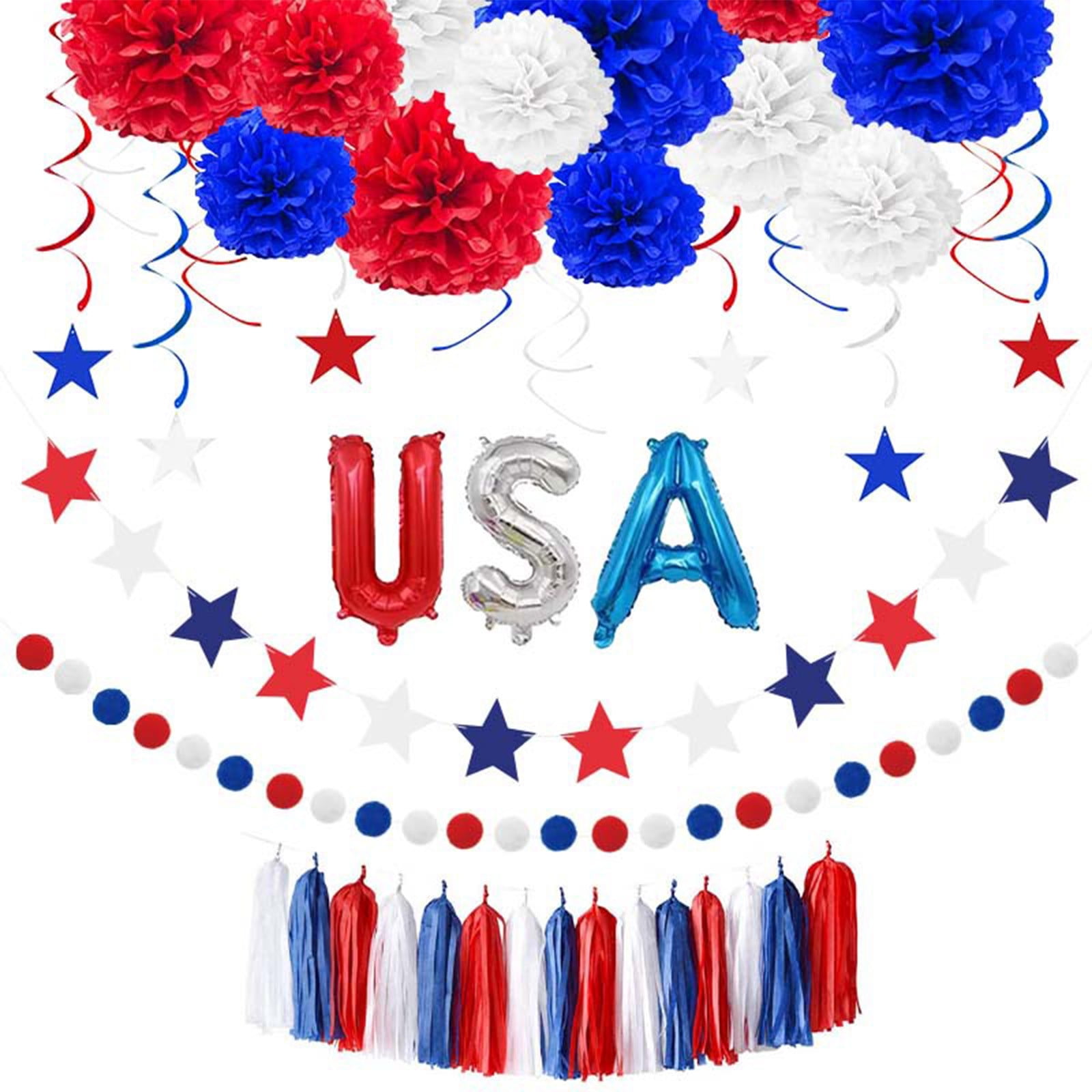 Patriotic Independence Day Decor Set - Includes Flags, Balloons & Pom ...