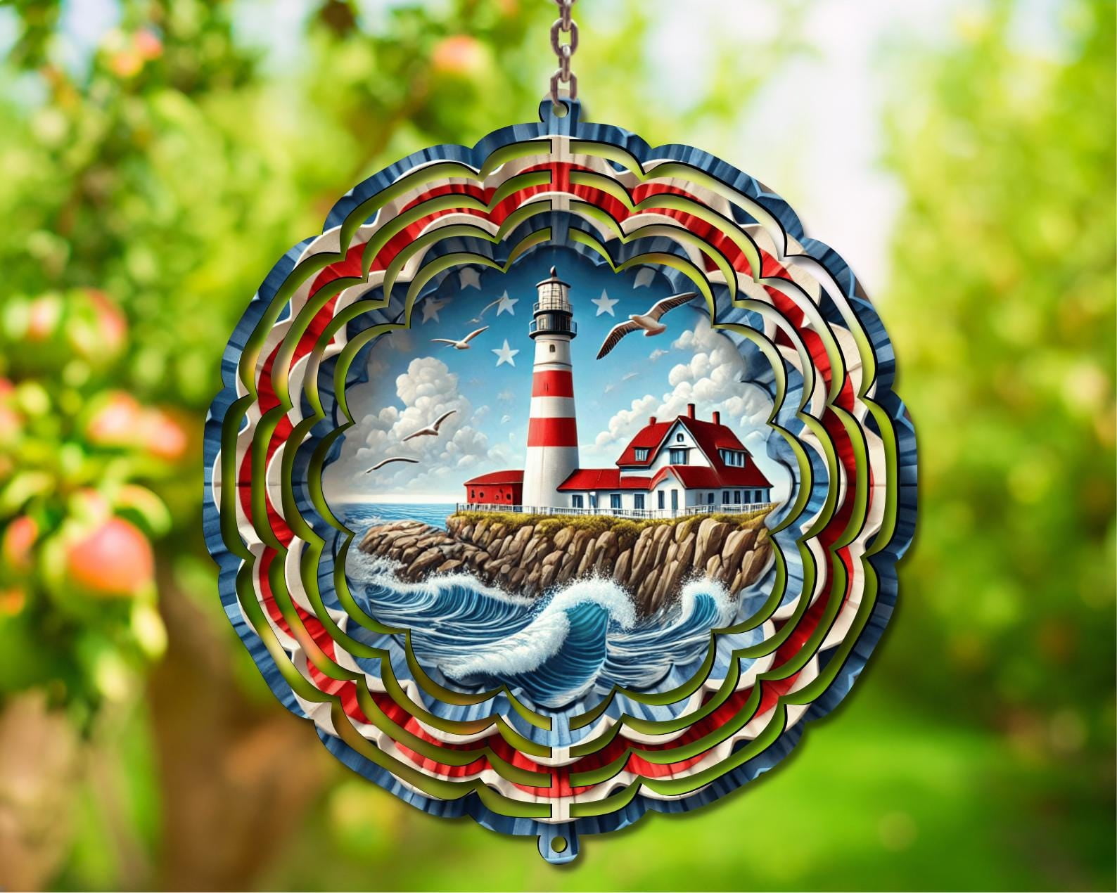 Patriotic Lighthouse 3D Wind Spinner Coastal Nautical Kinetic Art ...