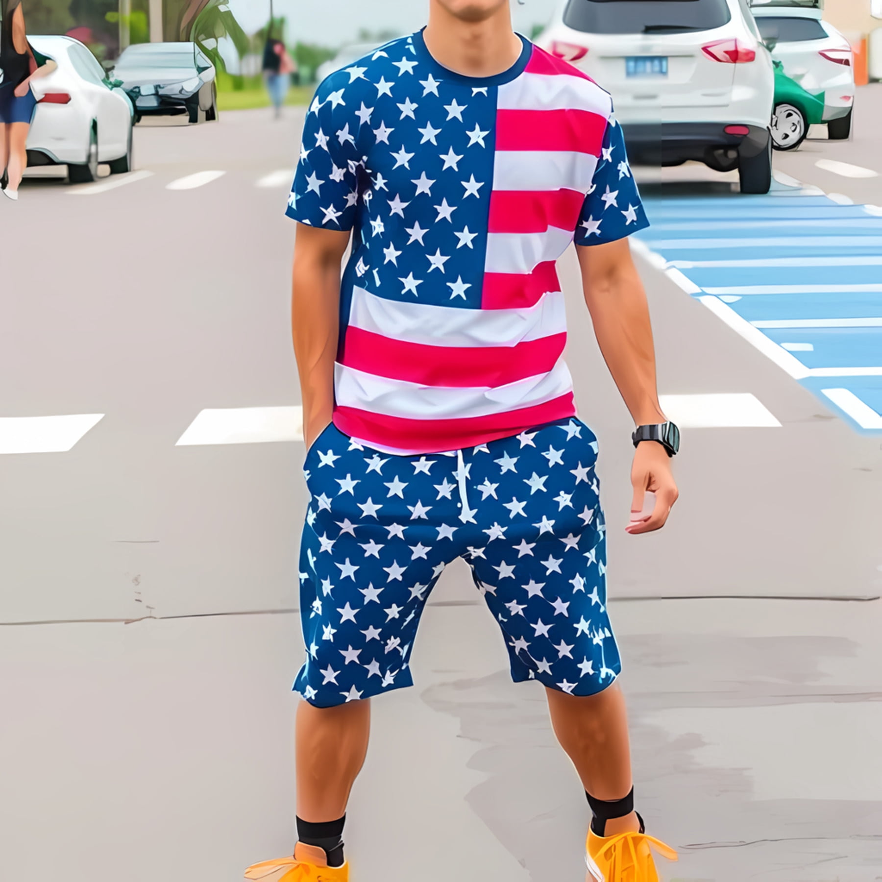 Patriotic Men's T-Shirt and Shorts Set - Red & White Striped Tee with ...